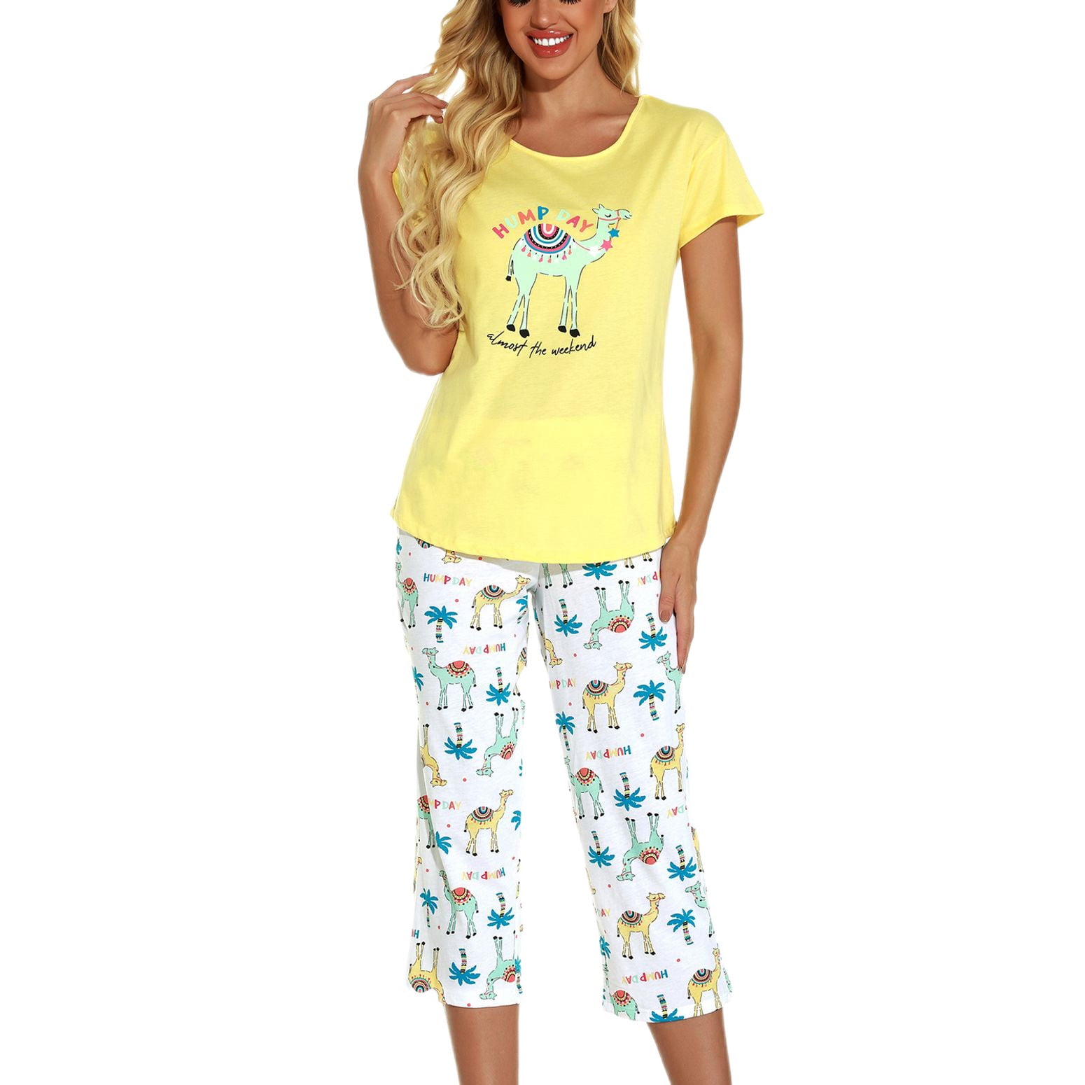 SWSMCLT Women's Cute Capri Pajama Set Plus Size Comfy Short Sleeve ...