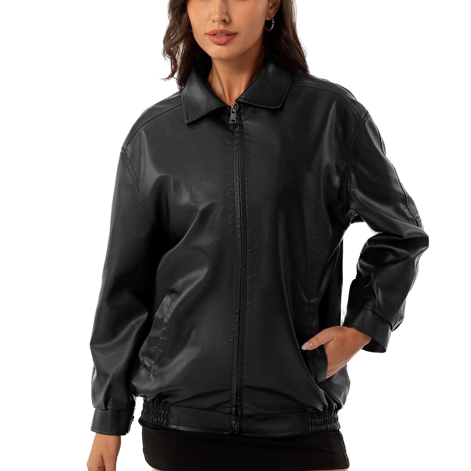 SWSMCLT Women's Faux Leather Jacket Vintage Collared Full Zip Biker ...