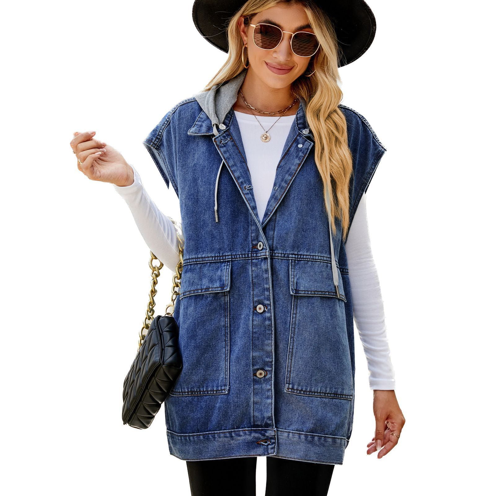 SWSMCLT Women's Hooded Denim Vest Fashion Casual Denim Jacket Long ...