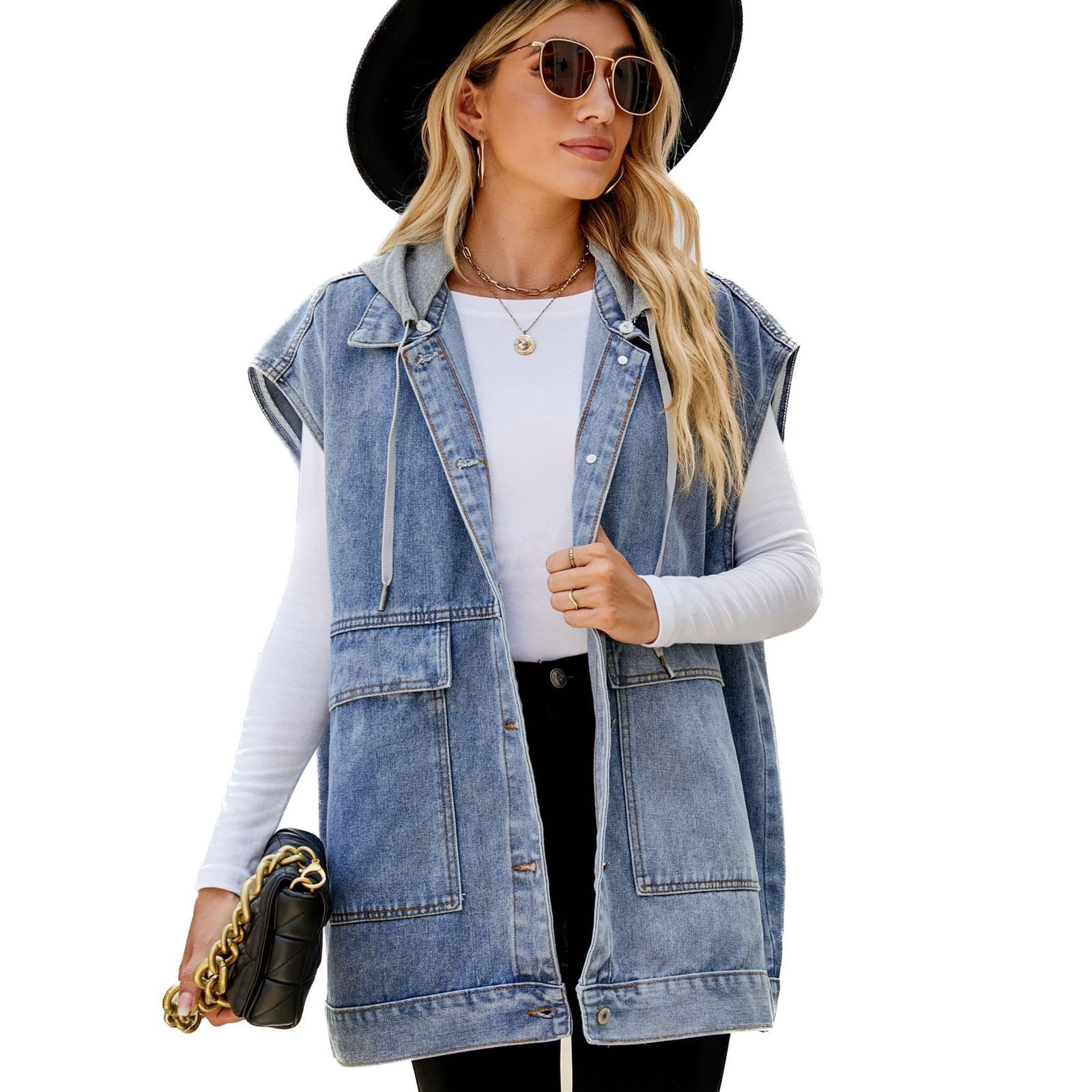 SWSMCLT Women's Hooded Denim Vest Fashion Casual Denim Jacket Long ...