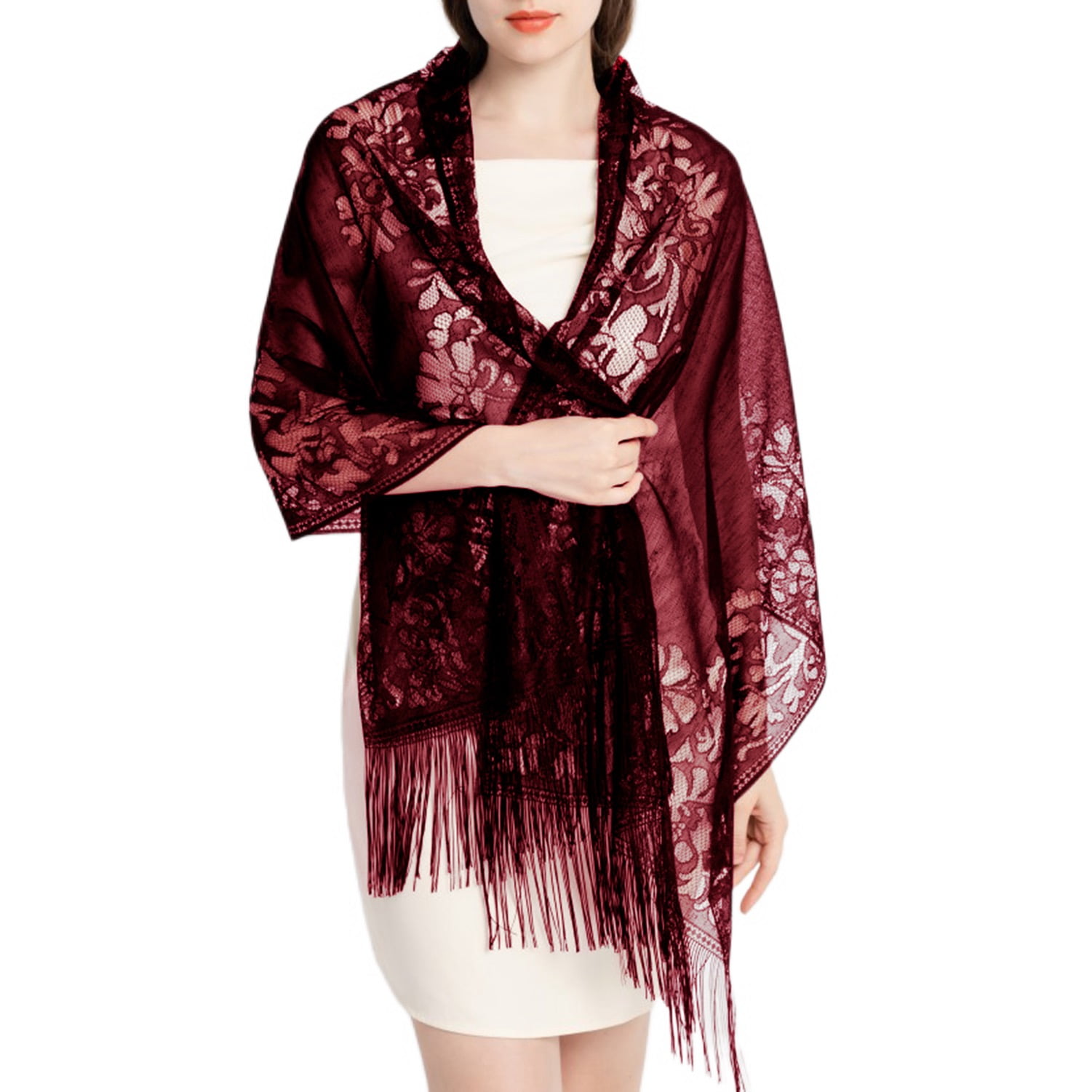 SWSMCLT Women's Lace Fringe Wrap Scarf for Evening Dresses Satin Shawl ...