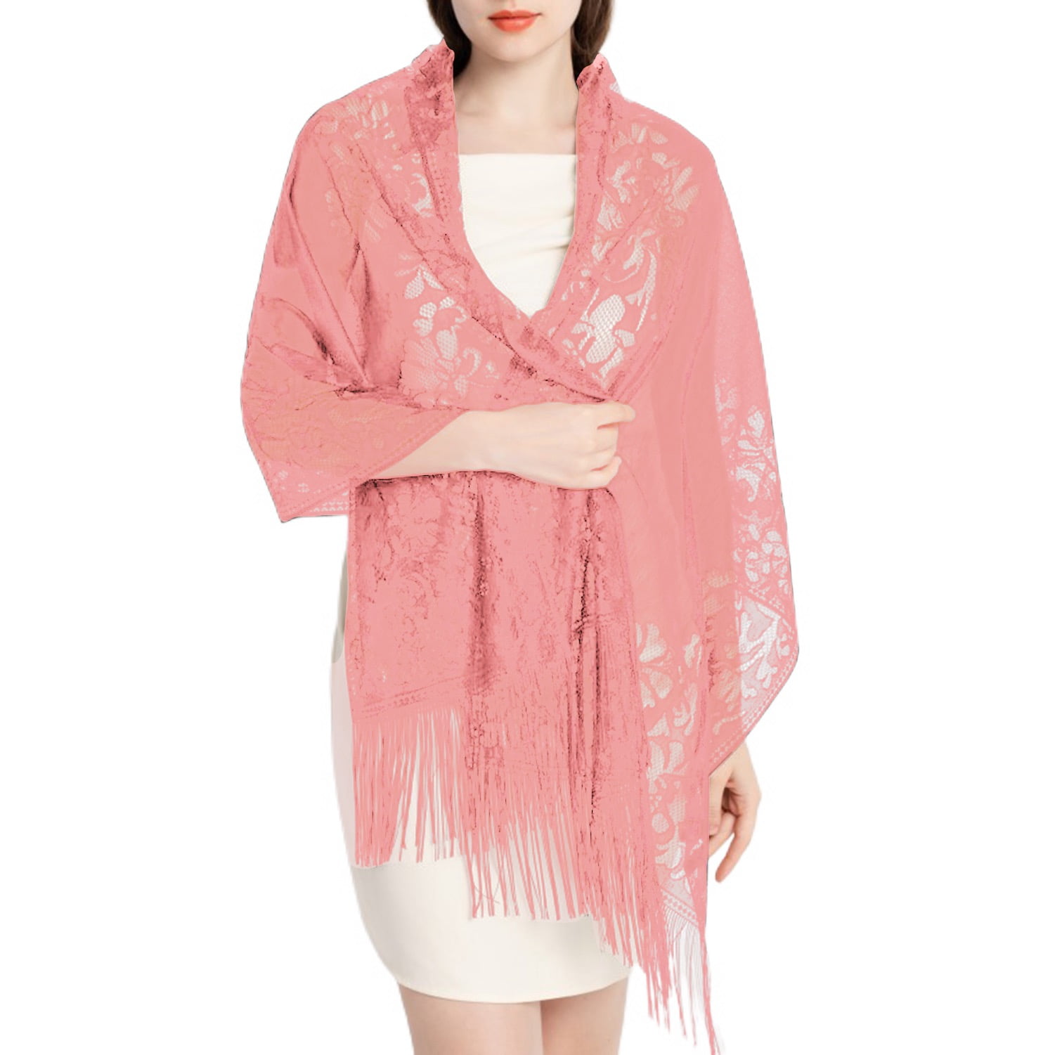 SWSMCLT Women's Lace Fringe Wrap Scarf for Evening Dresses Satin Shawl ...
