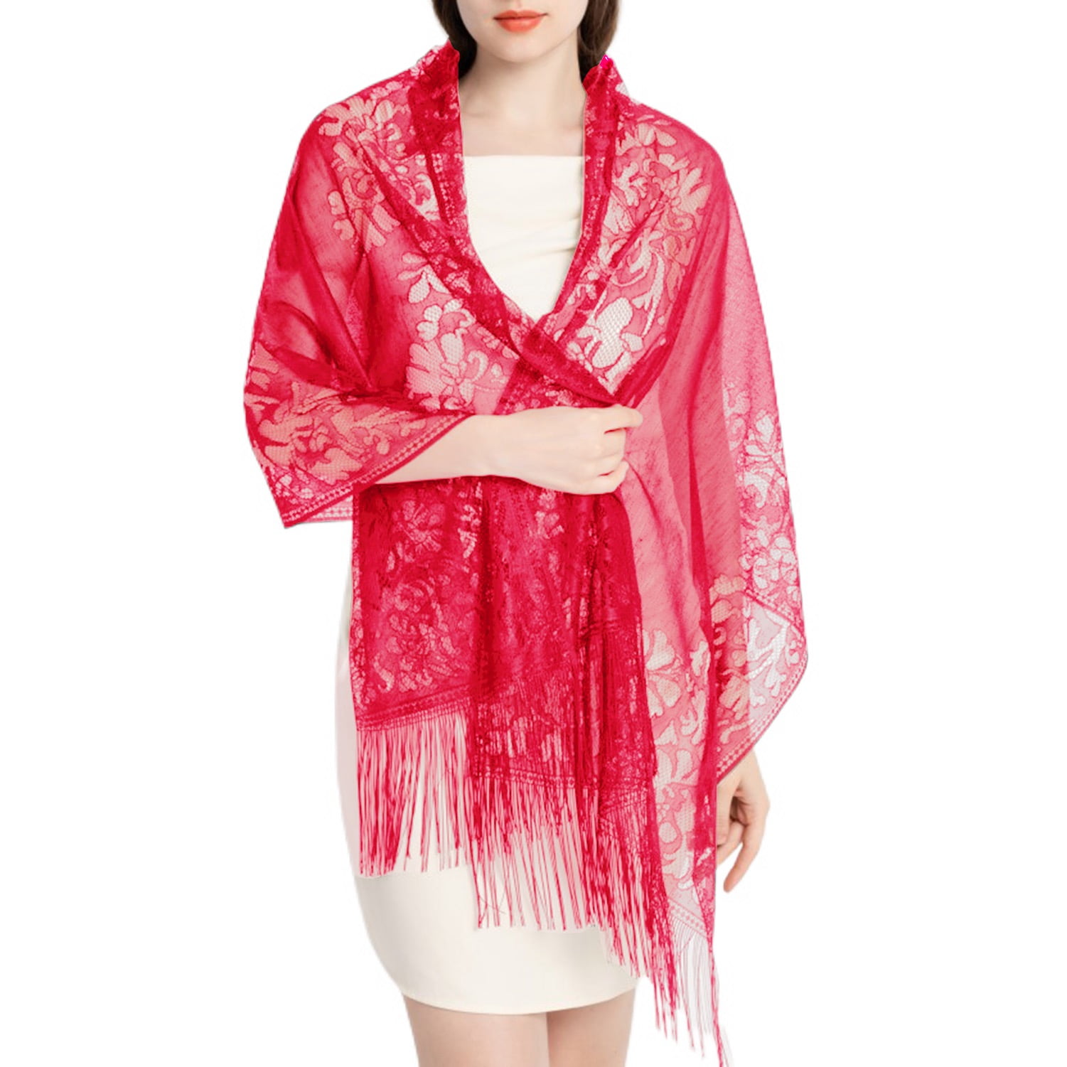 SWSMCLT Women's Lace Fringe Wrap Scarf for Evening Dresses Satin Shawl ...