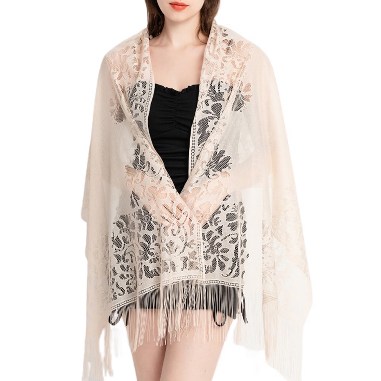 SWSMCLT Women's Lace Fringe Wrap Scarf for Evening Dresses Satin Shawl ...