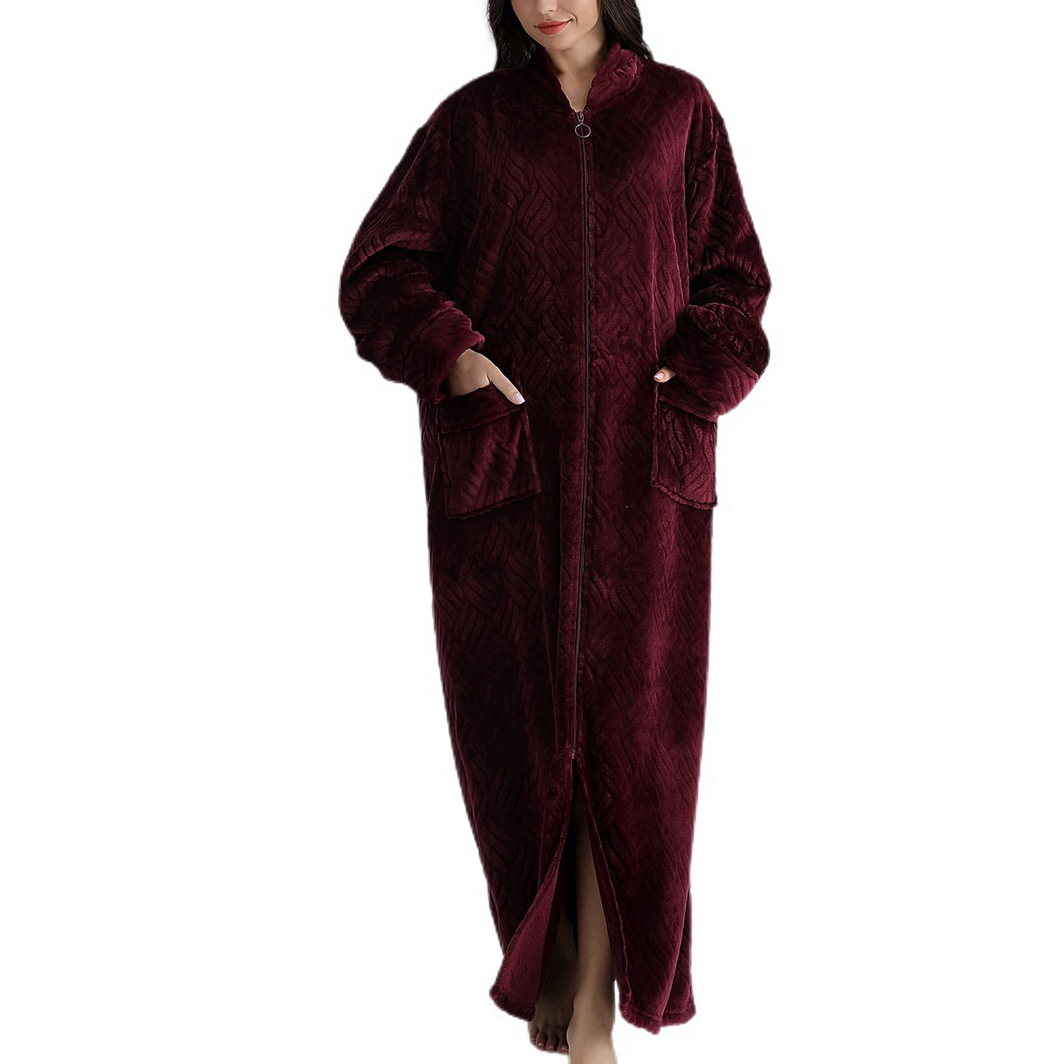 SWSMCLT Women's Long Housecoat Fuzzy Bath Robe Zipper Thick Fleece ...