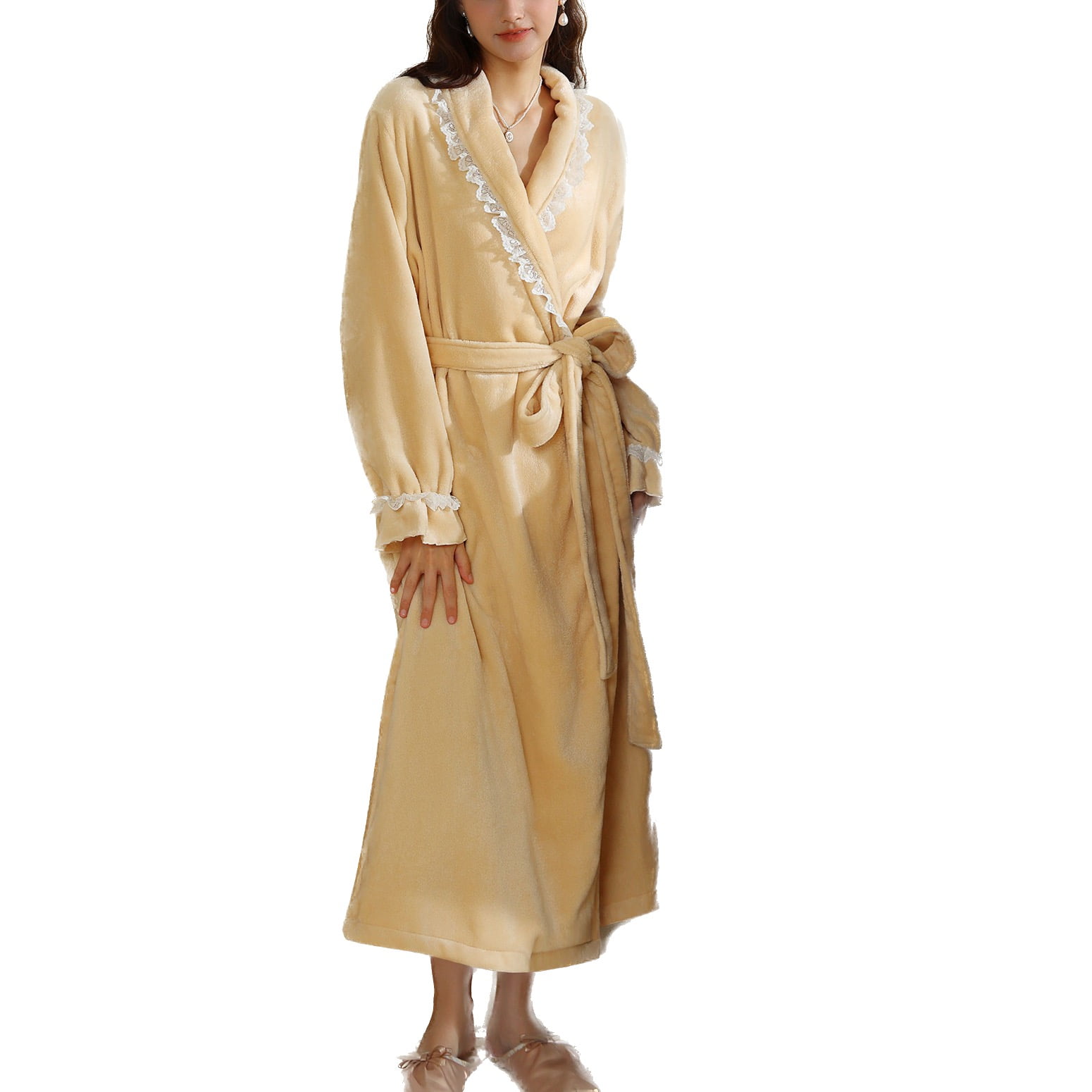 SWSMCLT Women's Long Plush Robe Warm Cute Lace Shawl Collar Maxi Fuzzy ...