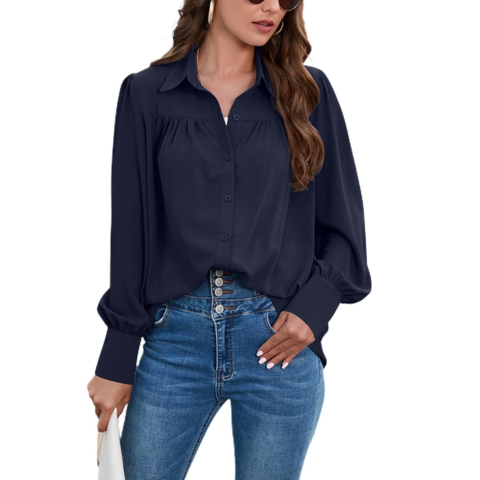 SWSMCLT Women's Long Sleeve Blouse Lantern Sleeve Ruched Casual Button Thin Button Up Shirt ...