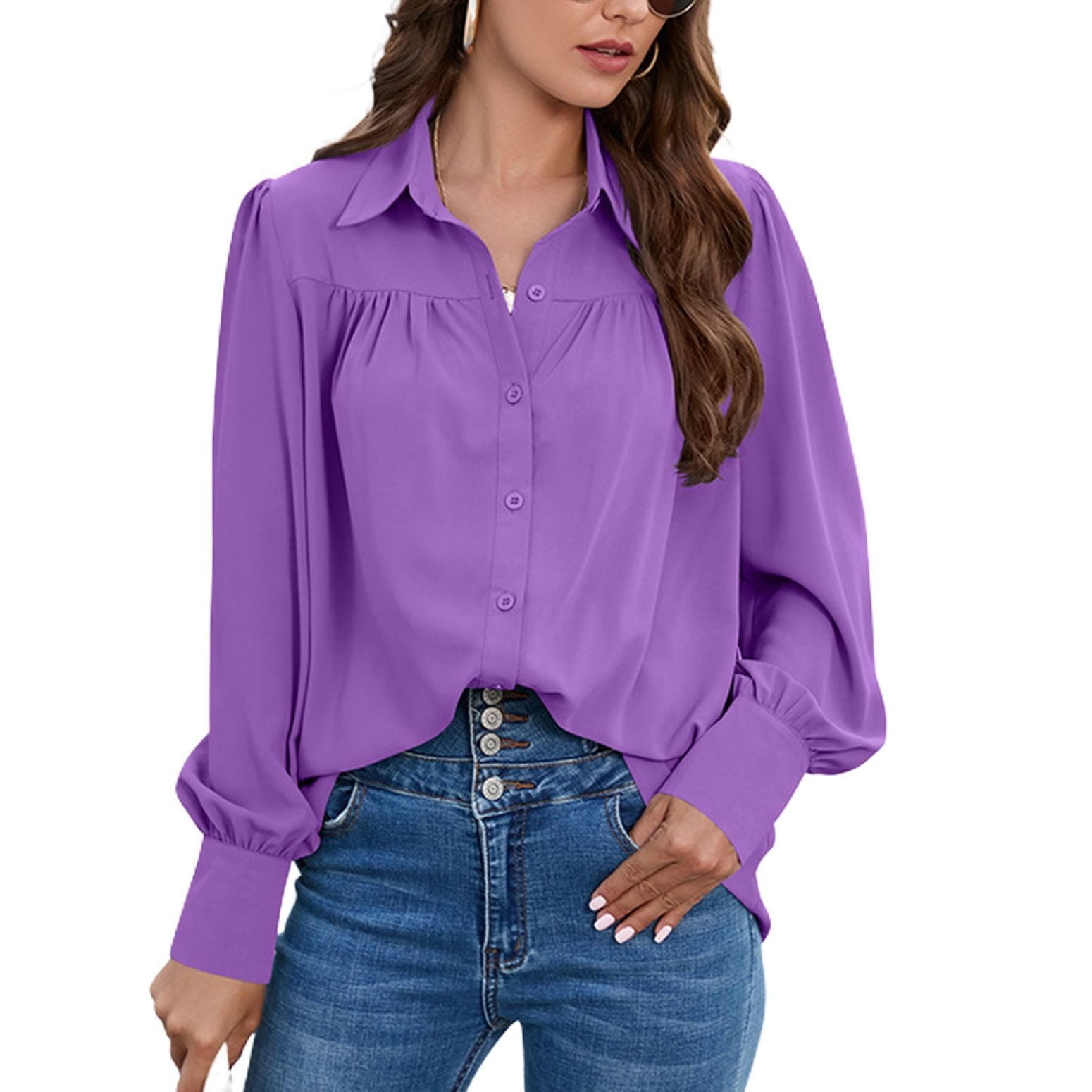 SWSMCLT Women's Long Sleeve Blouse Lantern Sleeve Ruched Casual Button ...