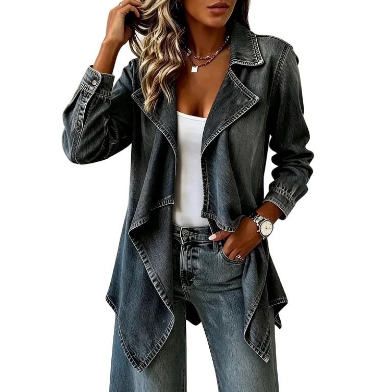 SWSMCLT Women's Long Sleeve Cardigan Open Front Denim Jacket Dark Grey ...