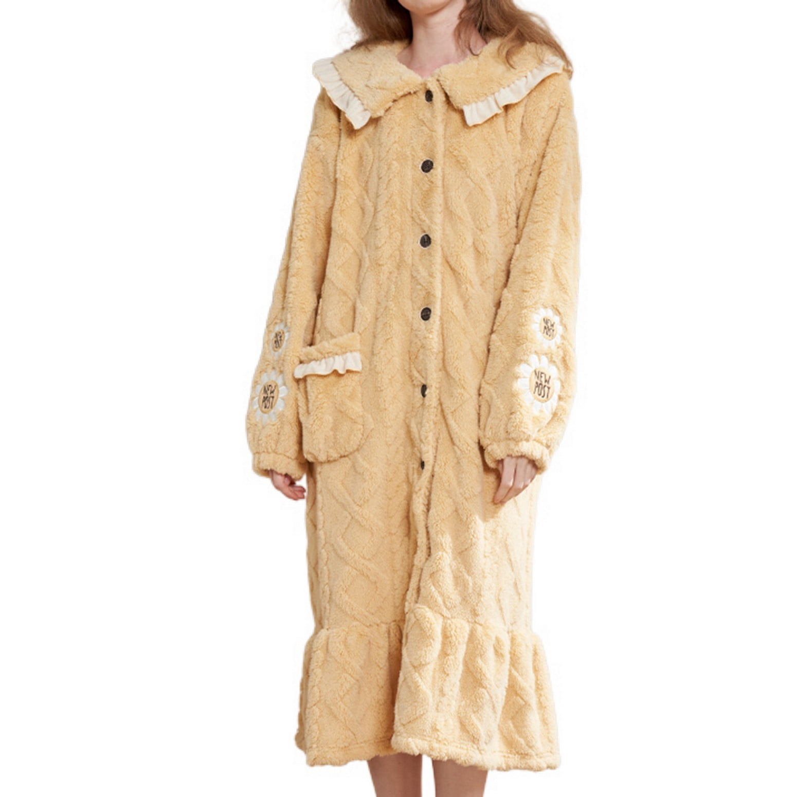 SWSMCLT Women's Long Sleeve Robe Winter Soft Fuzzy Plush Button Up ...