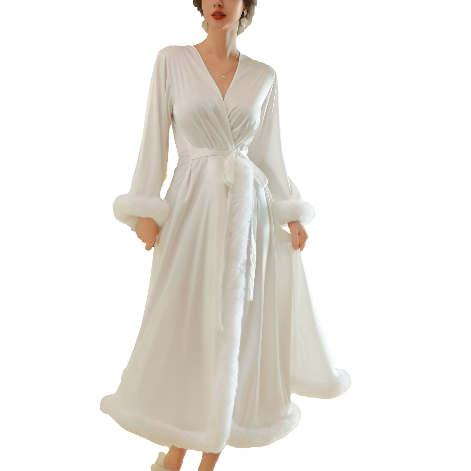 SWSMCLT Women's Long Sleeve Satin Robe Thin Bathrobe Fuzzy Summer ...