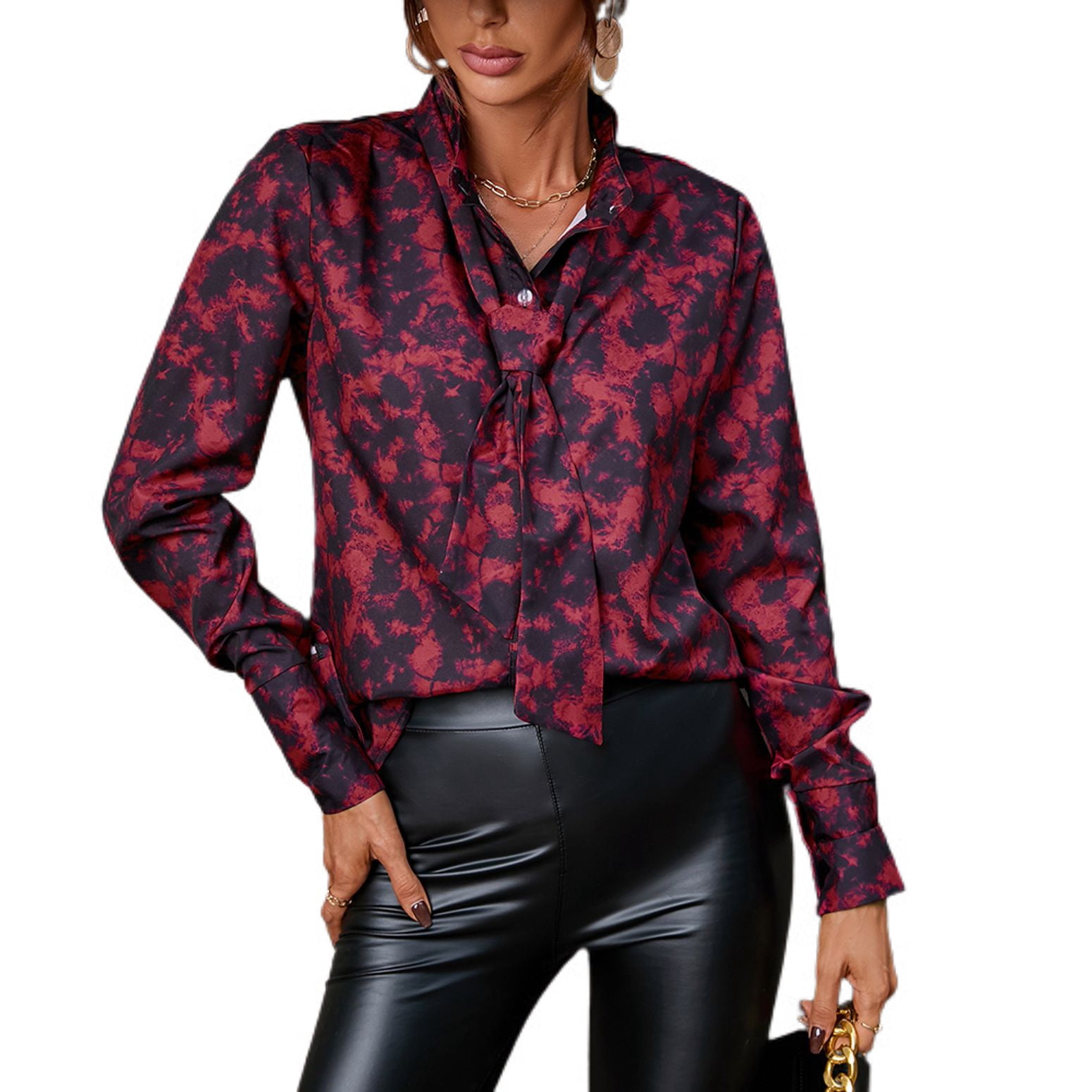 SWSMCLT Women's Long Sleeve Top Soft Band Collar Fall Tie Blouses ...