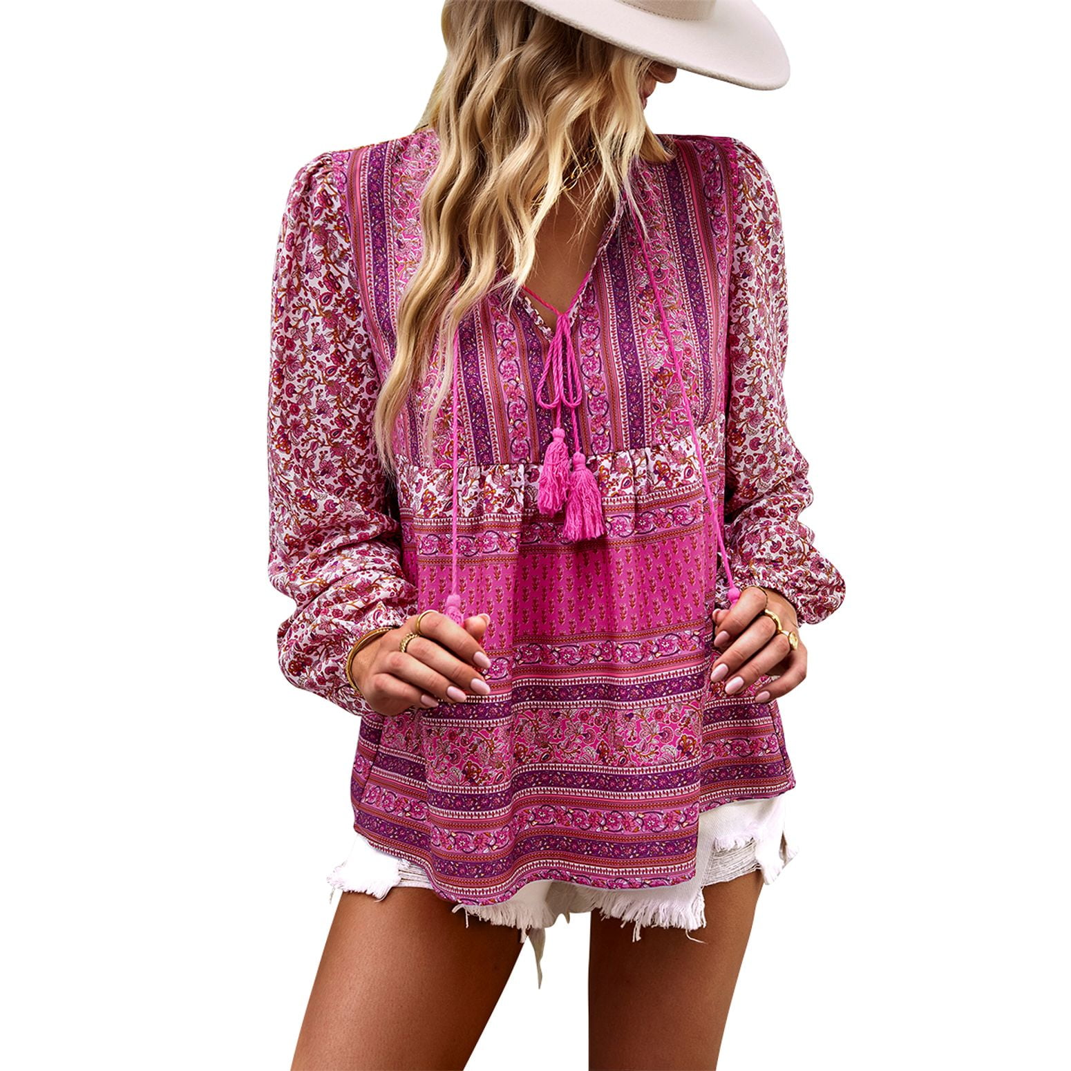 SWSMCLT Women's Long Sleeve Top Spring Boho Billowy Blouse Fringe V ...