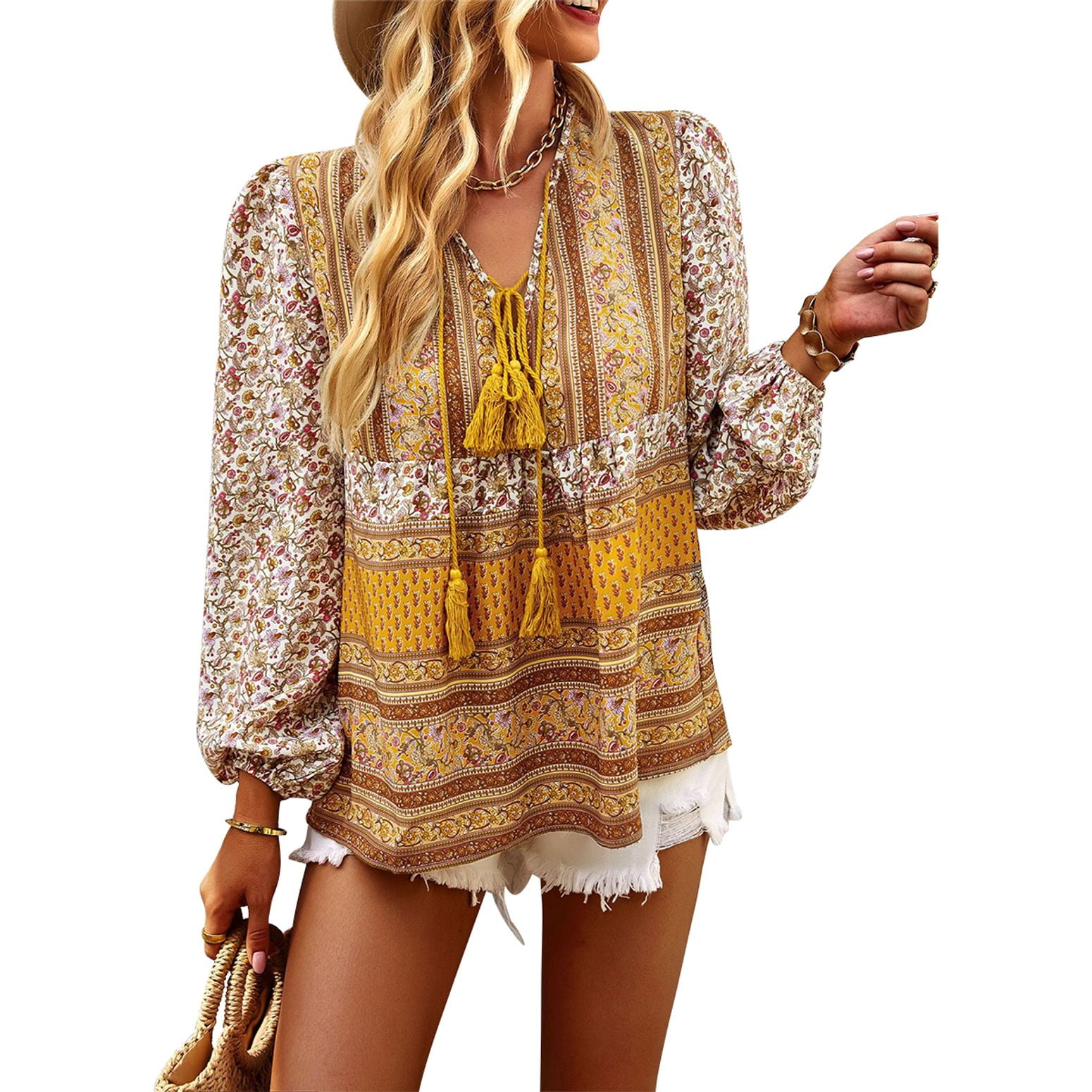 SWSMCLT Women's Long Sleeve Top Spring Boho Billowy Blouse Fringe V ...
