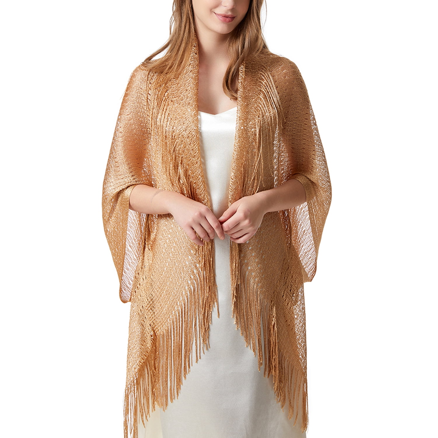 SWSMCLT Women's Metallic Cardigan Poncho Coat Soft Fringe Shawl Wrap ...