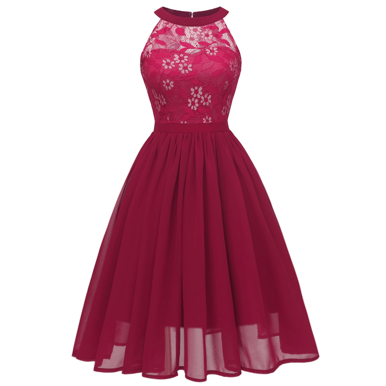 SWSMCLT Women's Midi Party Dress Ladies Vintage Chiffon Lace High Neck ...