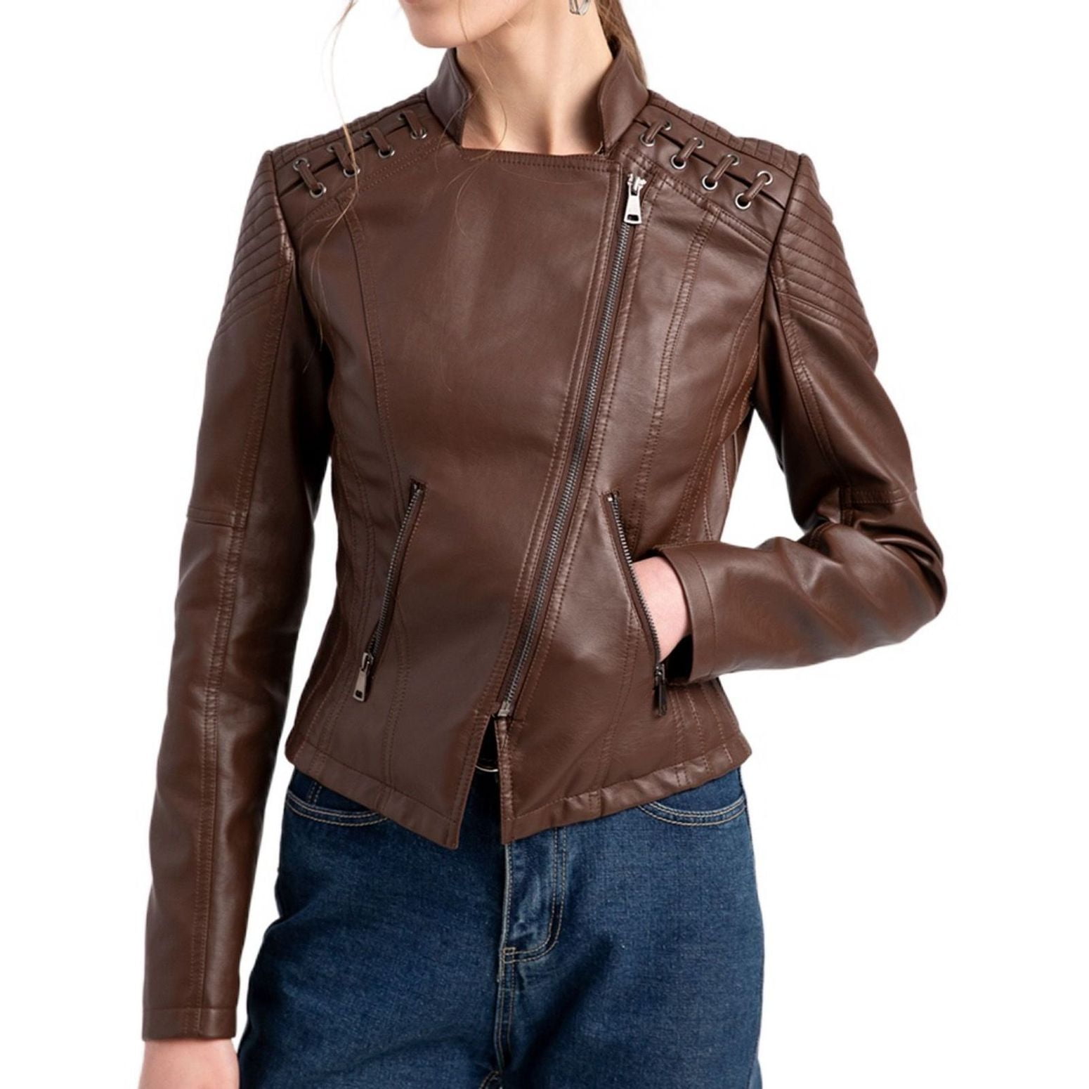 SWSMCLT Women's Motorcycle Jacket Long Sleeve V Neck Zip Up Moto Jacket ...