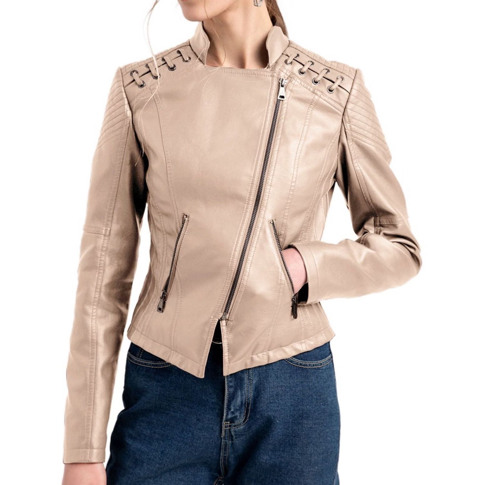 SWSMCLT Women's Motorcycle Jacket Long Sleeve V Neck Zip Up Moto Jacket ...