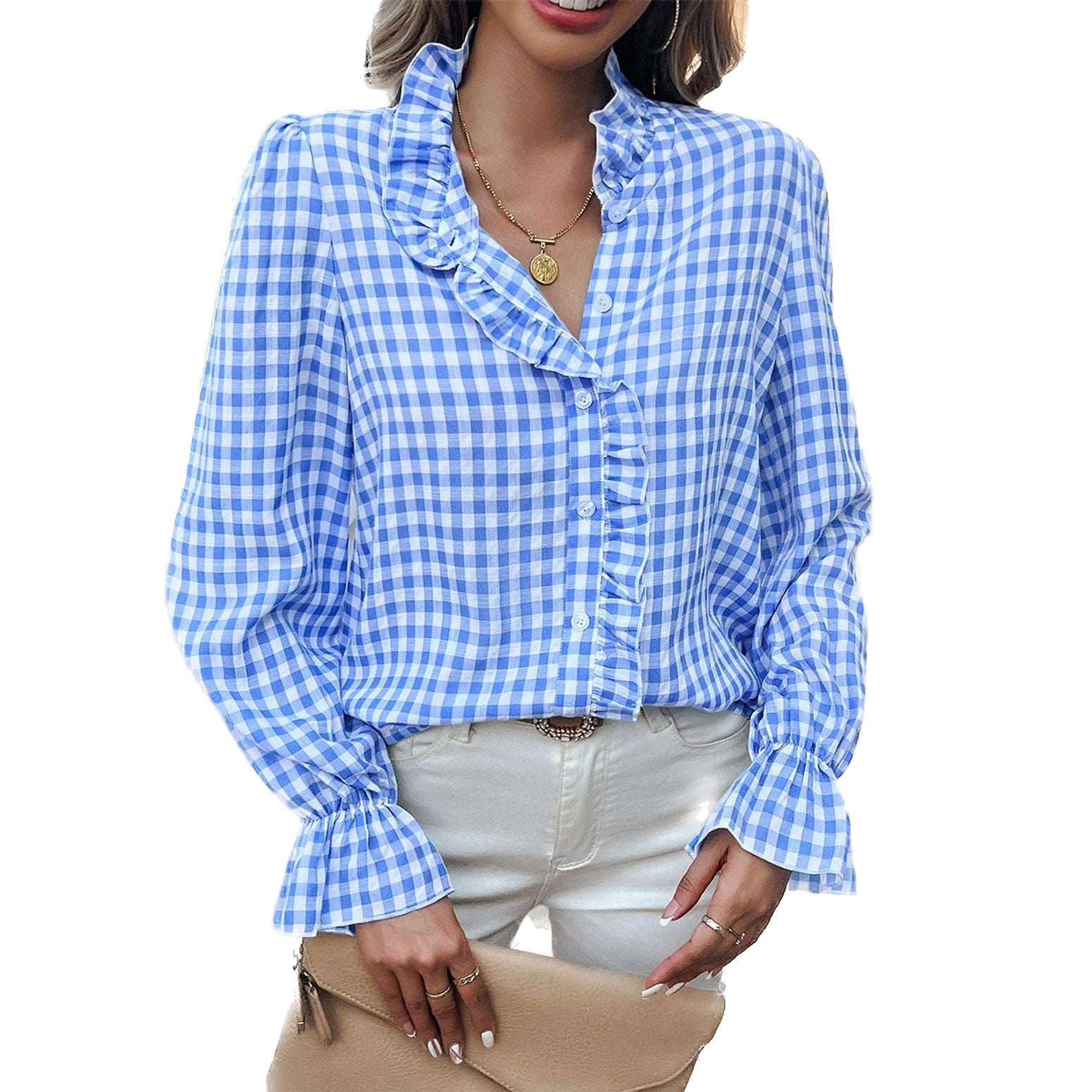 SWSMCLT Women's Plaid Button Up Shirt Cute V Neck Ruffle Top Fall 2024 ...