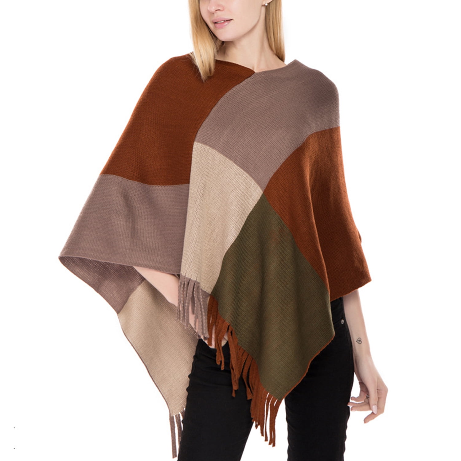 SWSMCLT Women's Plaid Sweater Poncho Casual Wrap Tassel Fringe Crochet ...