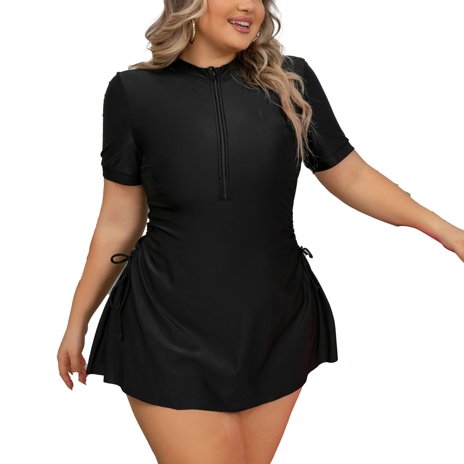 SWSMCLT Women's Plus Size Zip Up Swimdress Solid 2 Piece Short Sleeve ...