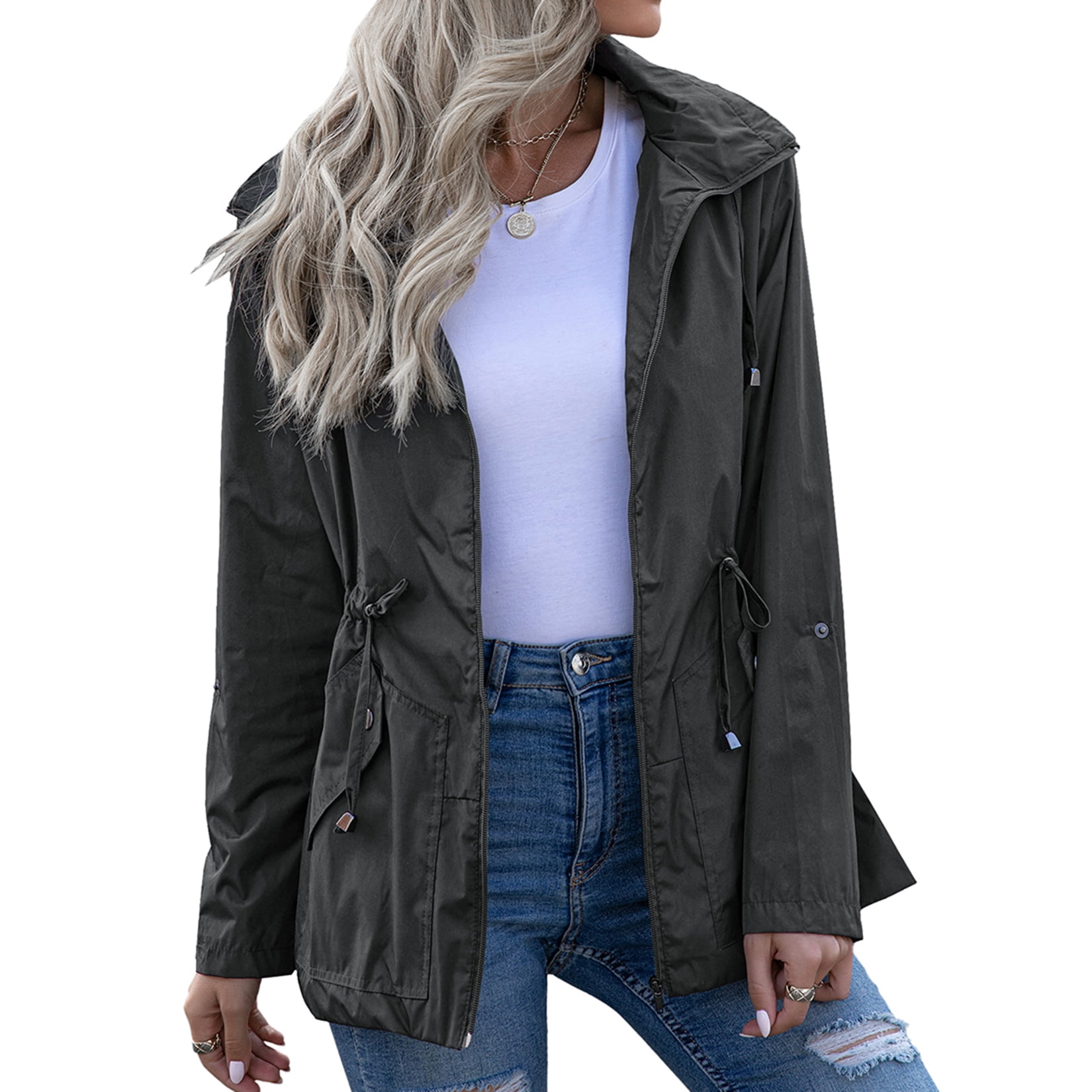 SWSMCLT Women's Rain Jackets Anorak Outdoor Fall Casual Military Zip Up ...