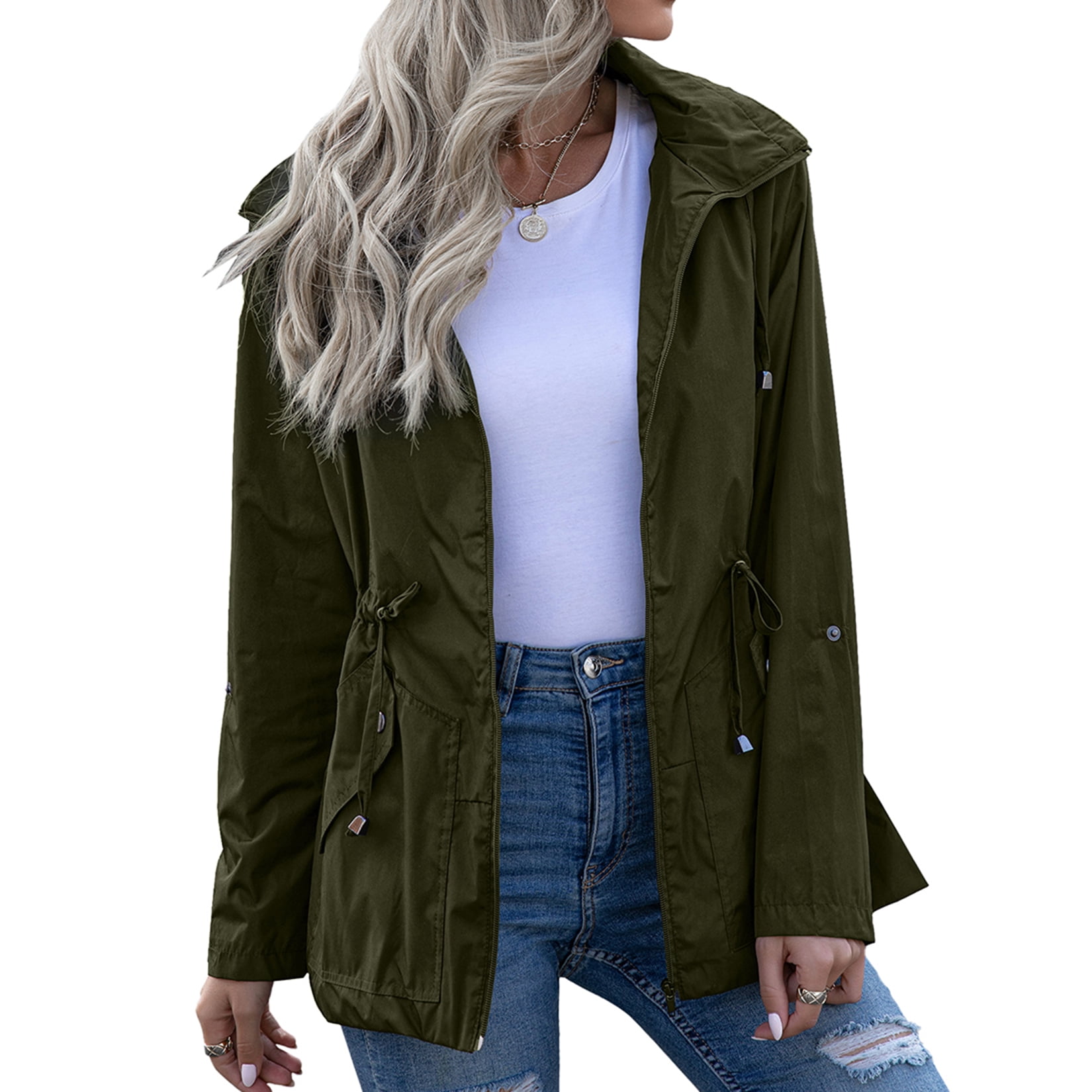 SWSMCLT Women's Rain Jackets Anorak Outdoor Fall Casual Military Zip Up ...