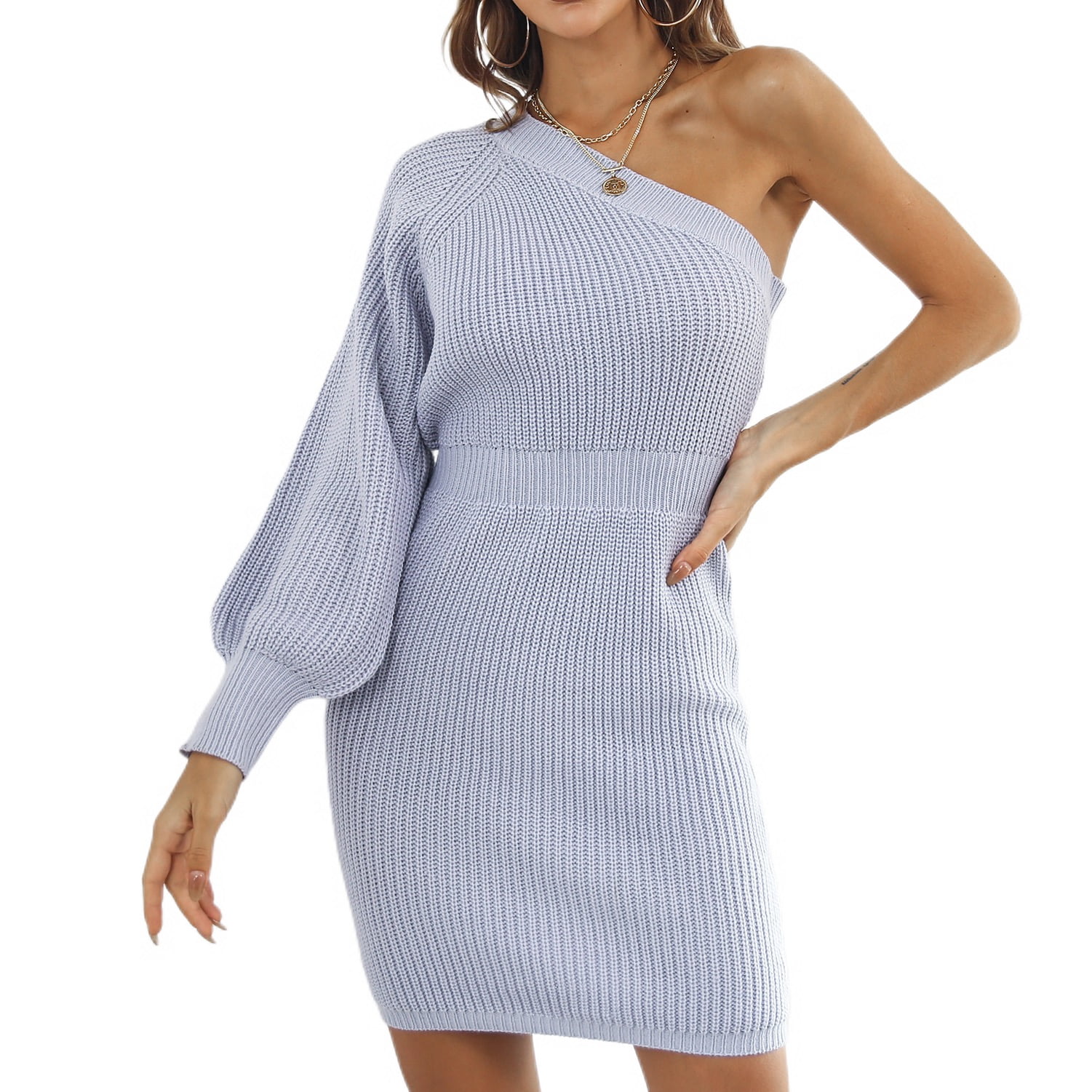 SWSMCLT Women's Ribbed Knit Knitted One Shoulder Bishop Sleeve Long ...
