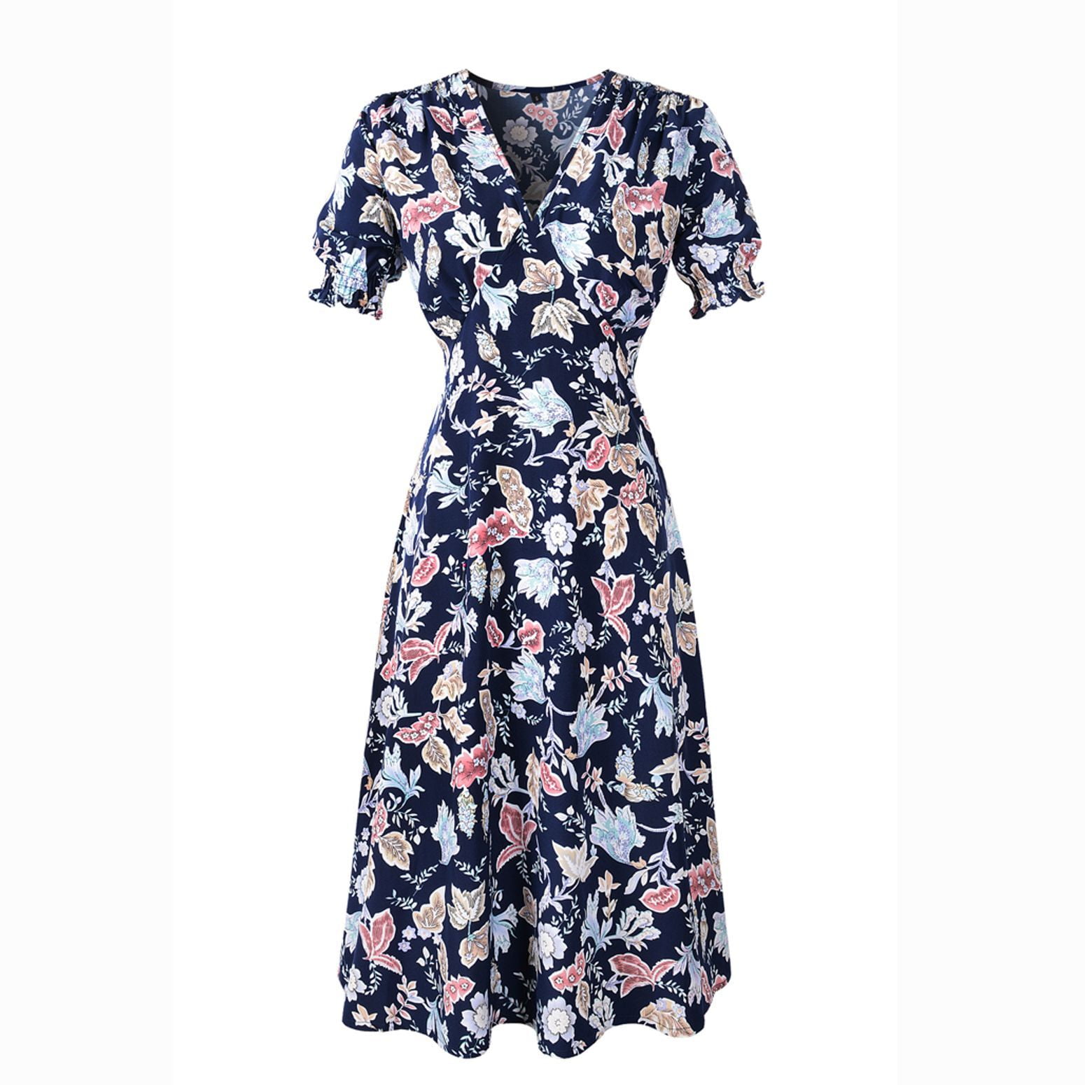SWSMCLT Women's Ruched Spring Sundress Summer Floral Dress Short Sleeve ...