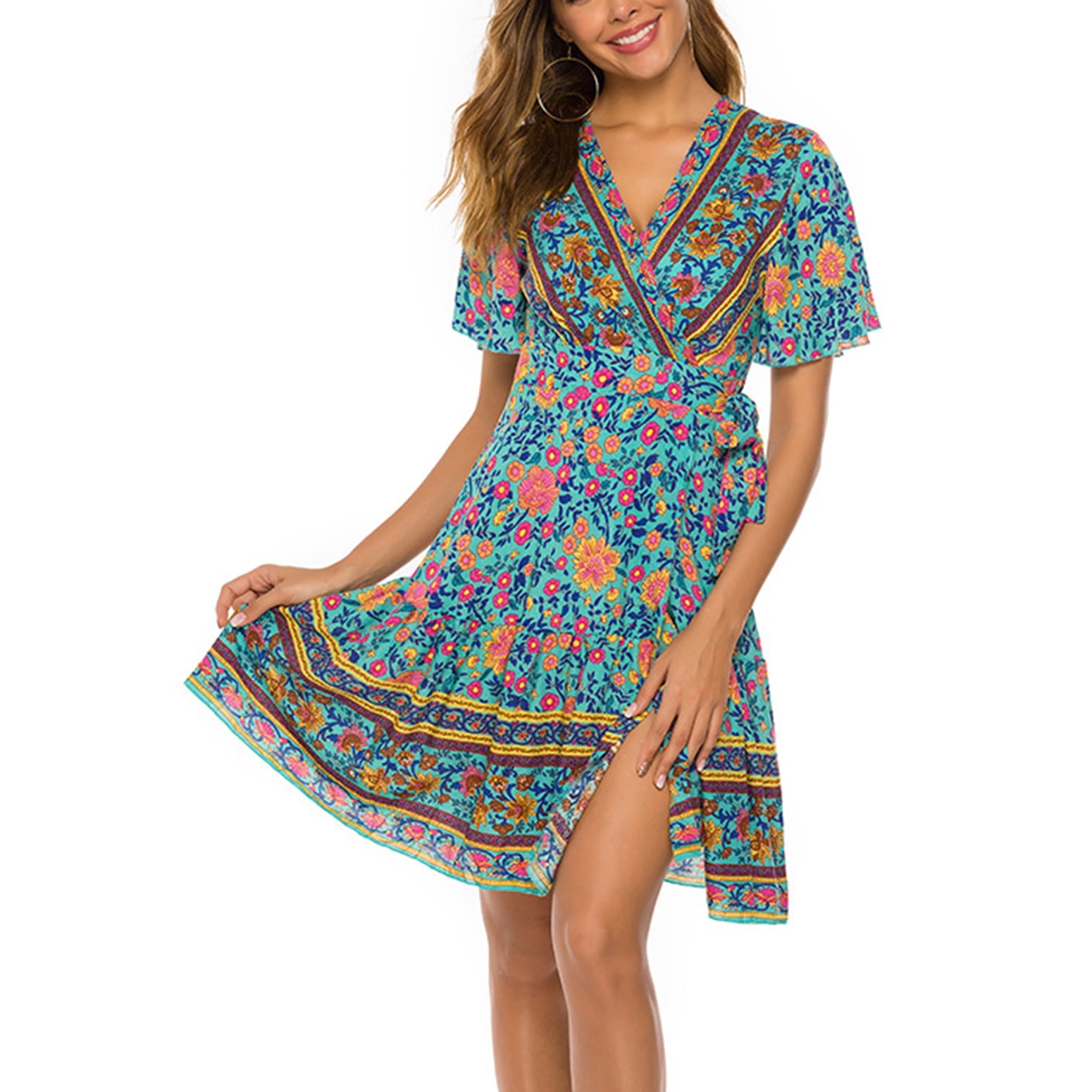 SWSMCLT Women's Wrap Dress Boho Dresses Short Sleeve Ruffle Date Night ...