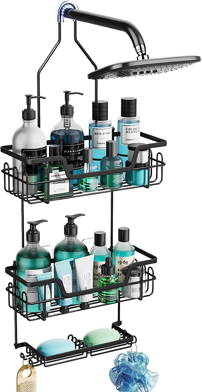 SWTYMIKI 3-Tier Rustproof Shower Caddy, 16 Hooks & Dual Soap Holders ...