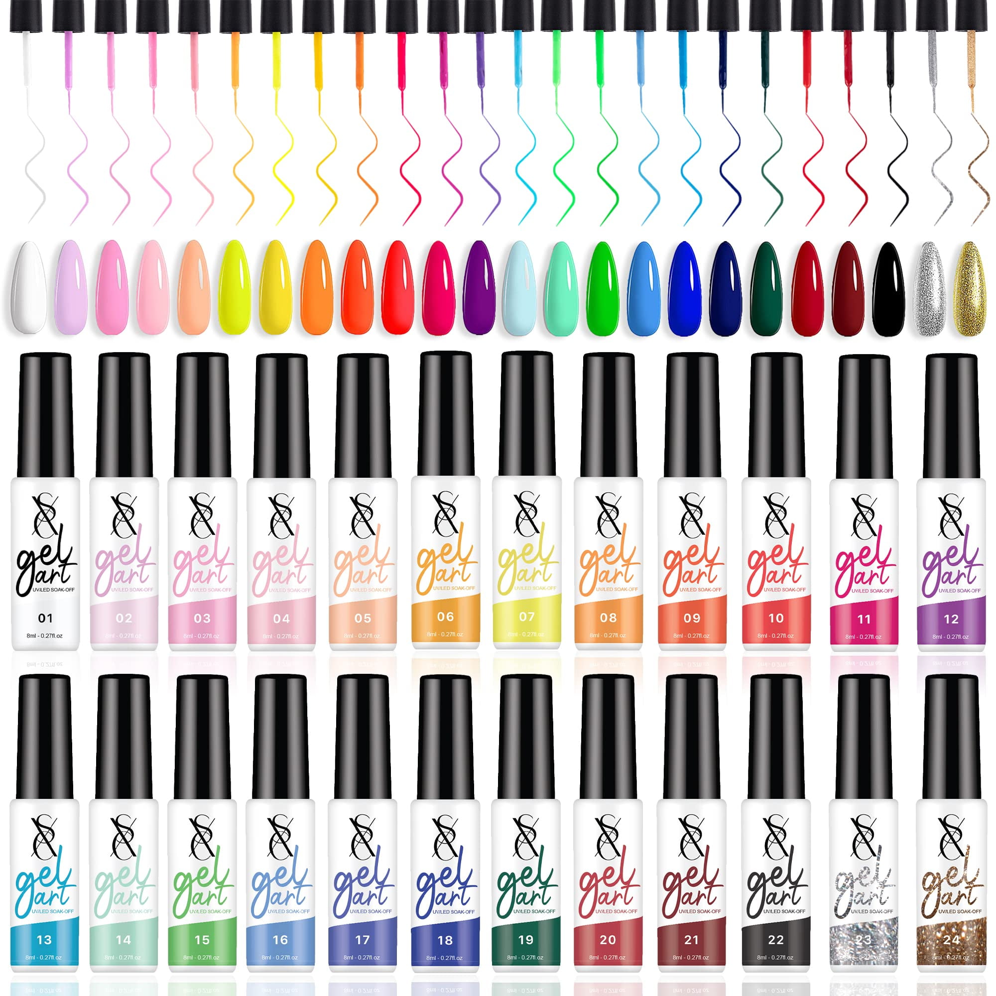 SXC Cosmetics 24-Color Gel Liner Set for Nail Art - With Built-in Thin ...