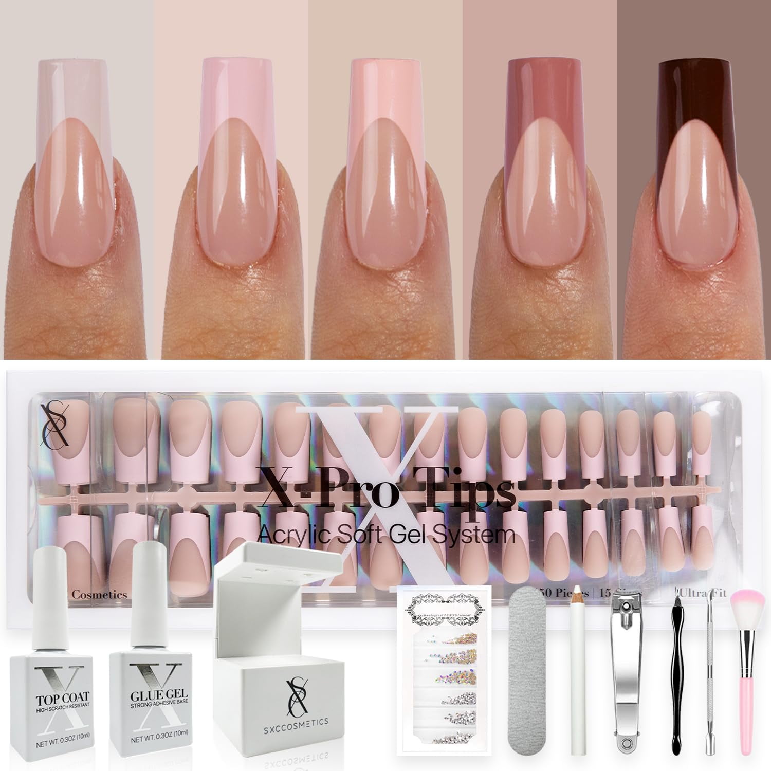 SXC Cosmetics French Tip VTF5 Press On Nails - Skin Tone Nude and Color ...