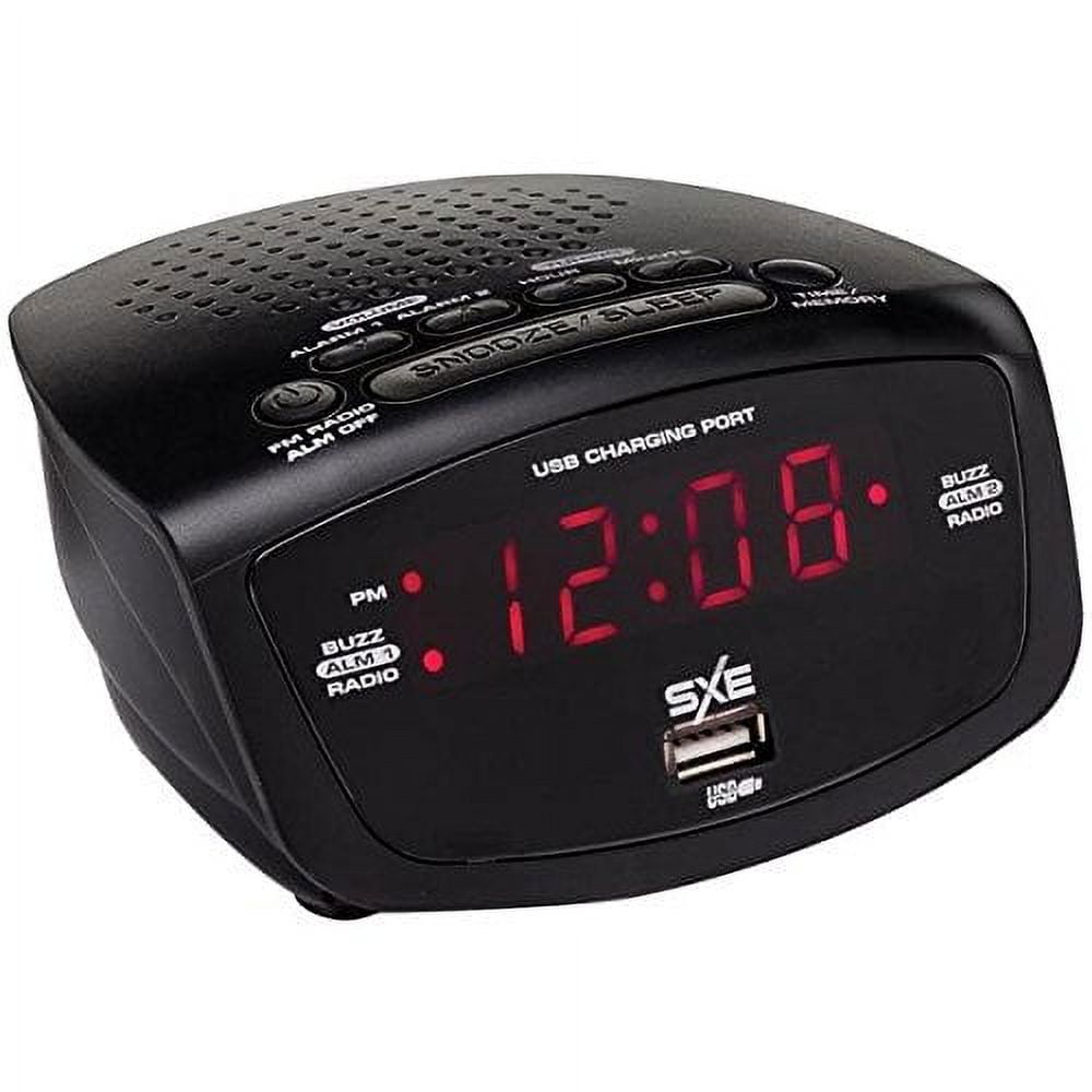SXE Black Clock Radio with USB Charging Port and Digital RED LED ...