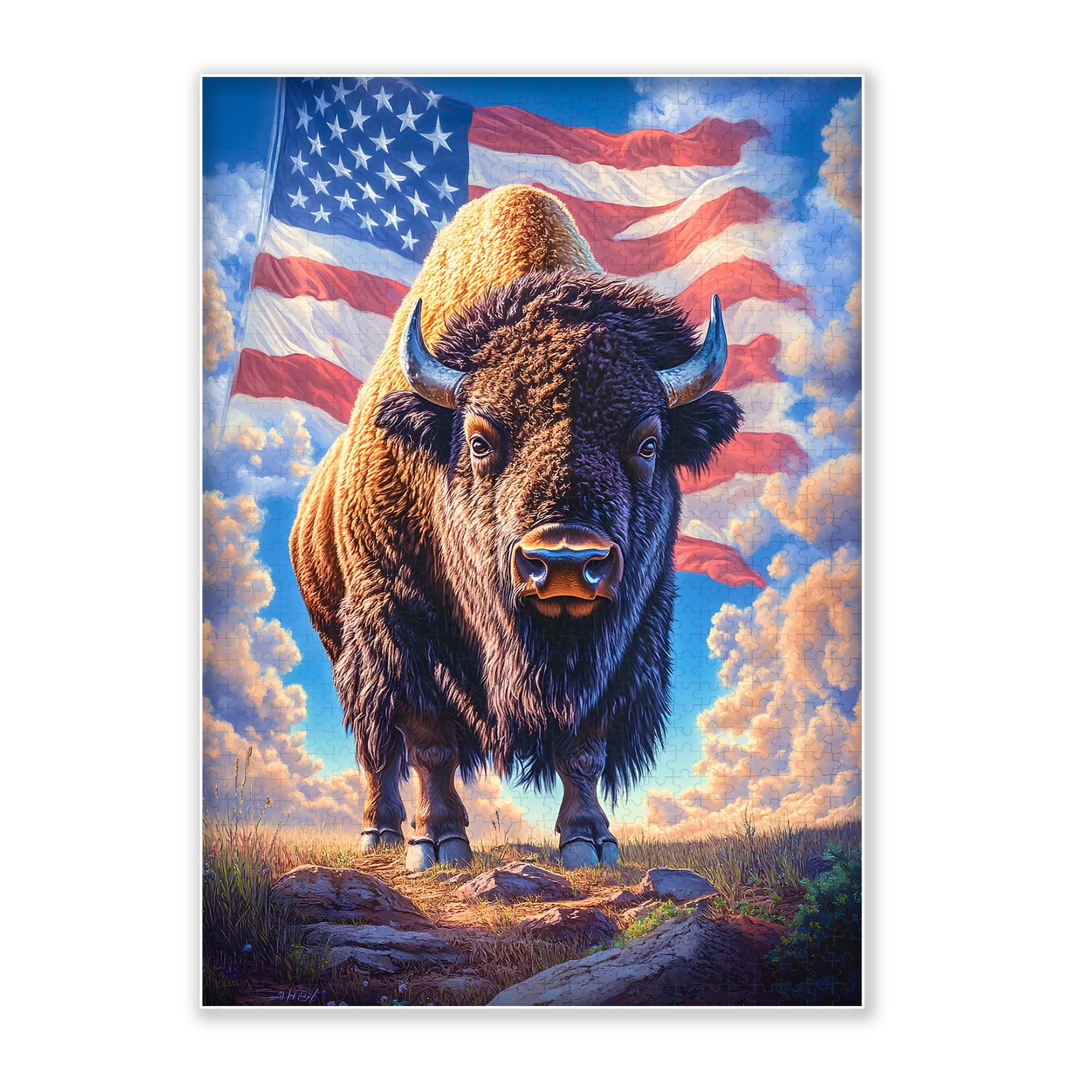 SXFVHN 500-Piece Adult Wood Jigsaw Puzzle, USA Bison & Flag Scene ...