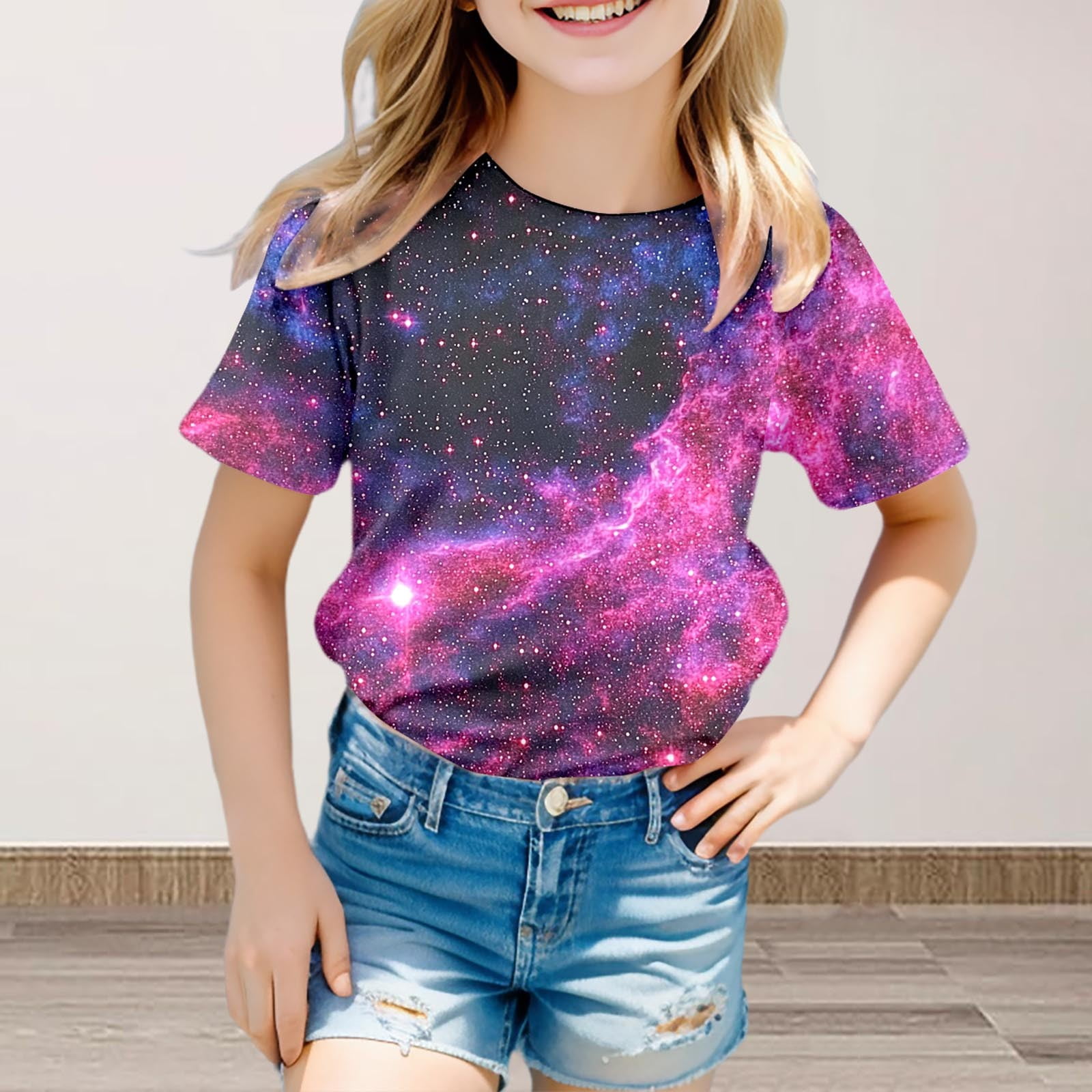 SXcggal Galaxy Shirt Girl's Short Sleeve Crew Neck Fancy T Shirt Top ...