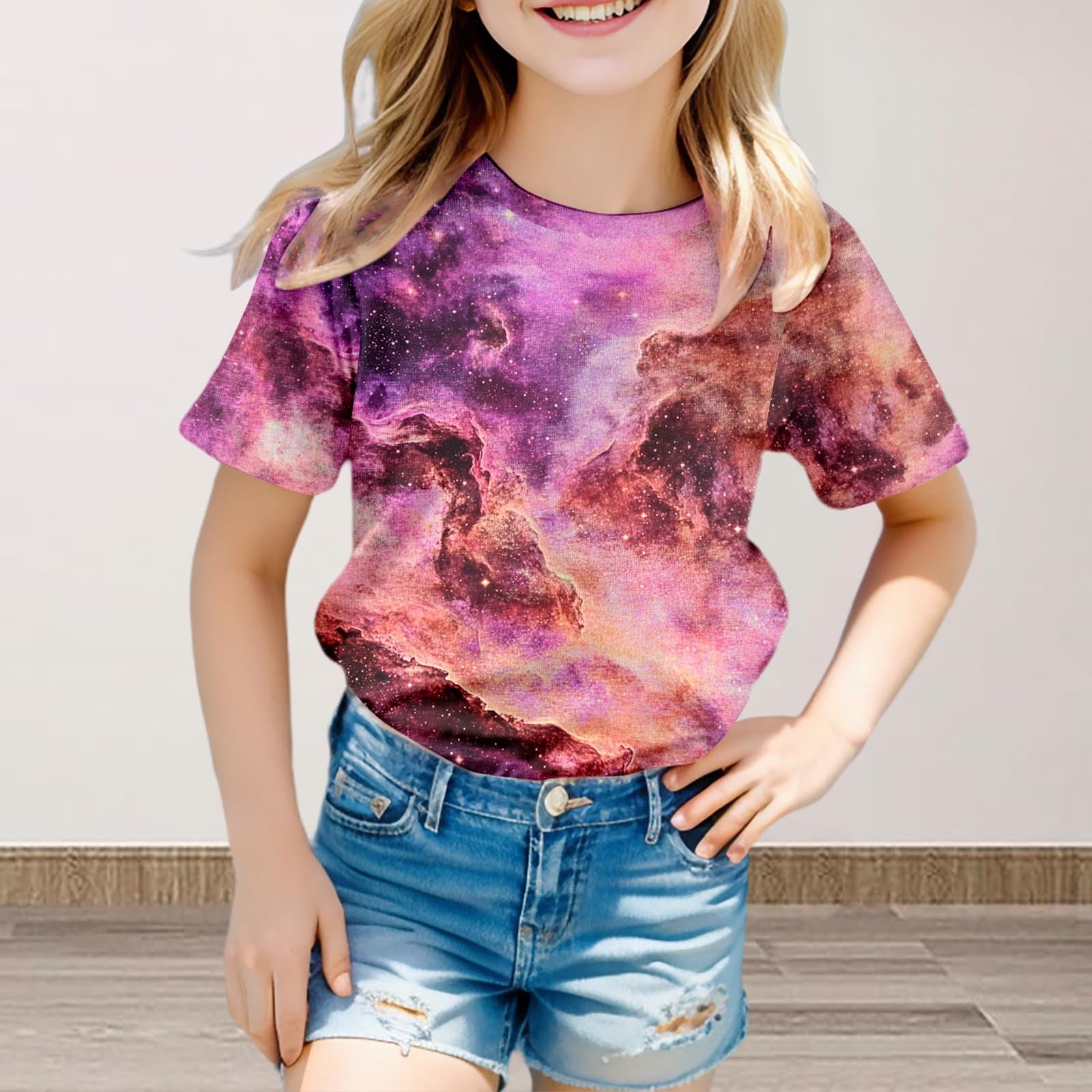 SXcggal Galaxy Shirt Girl's Short Sleeve Crew Neck Fancy T Shirt Top ...