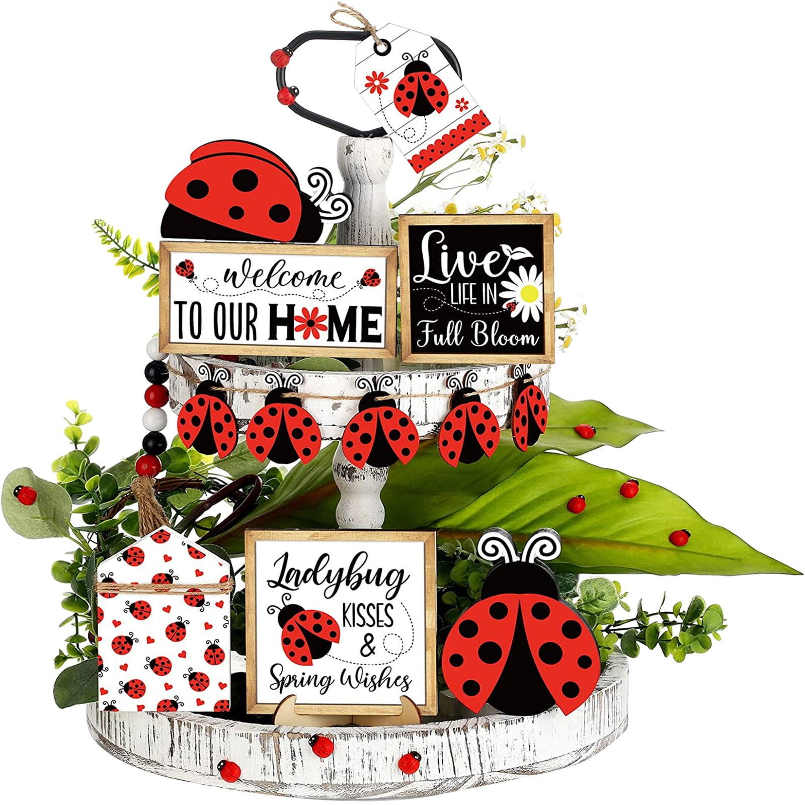 SXcggal Ladybird Tiered Tray Decorations Spring Summer Ladybird Wooden ...