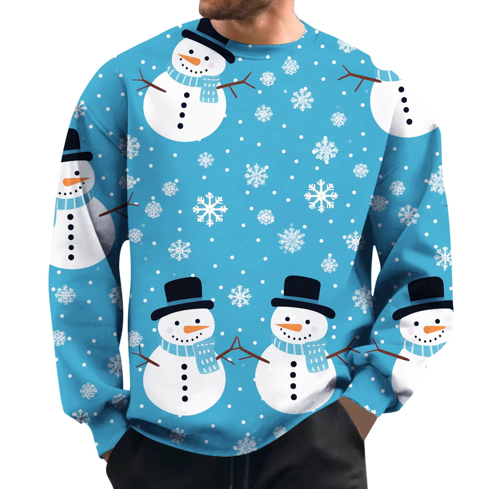 SXcggal Men's Christmas Snowman Print Pullover Long Sleeve Round Casual ...