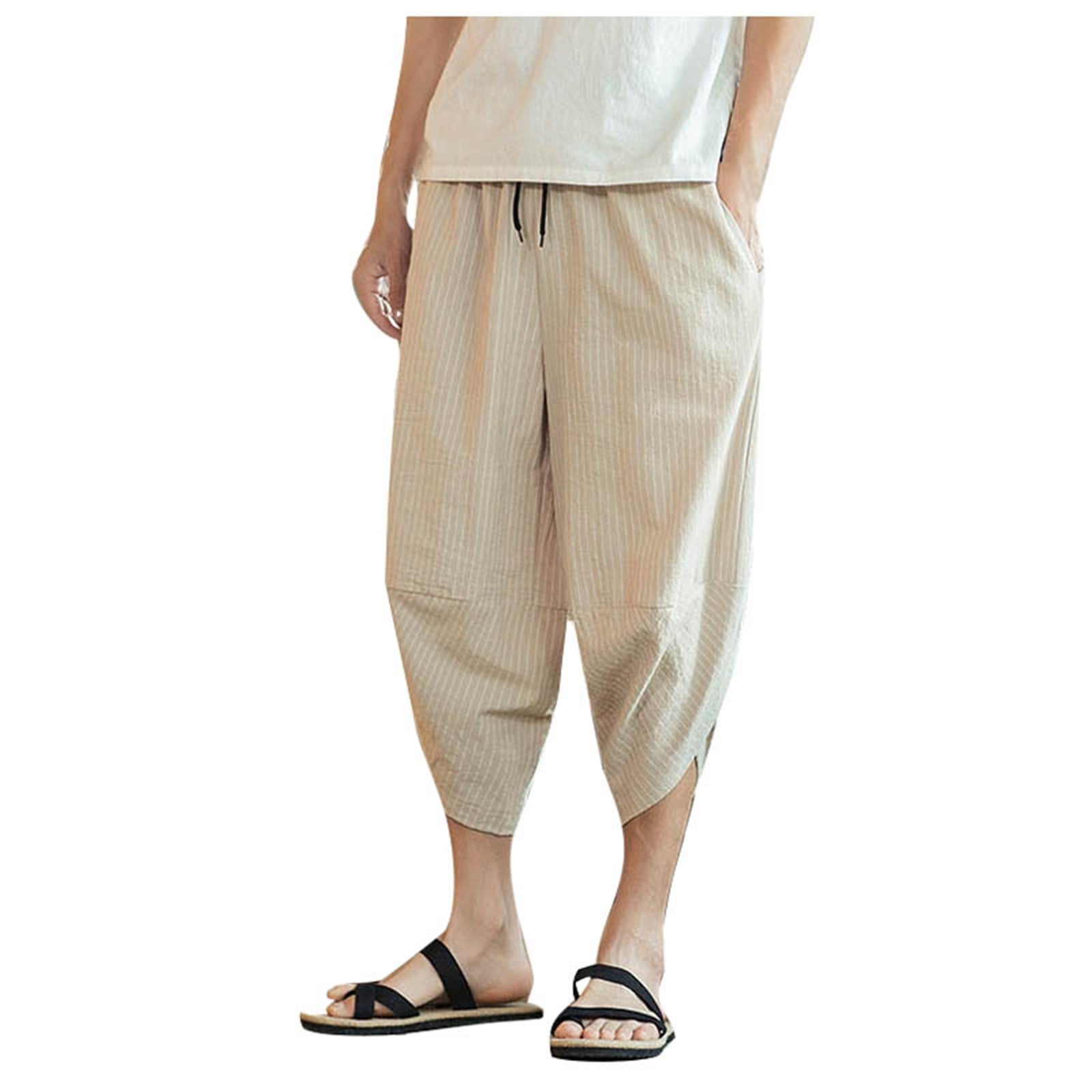 Sxcggal Mens Linen Harlan Capri Pants Light Loose 3 4 Shorts Draw Rope