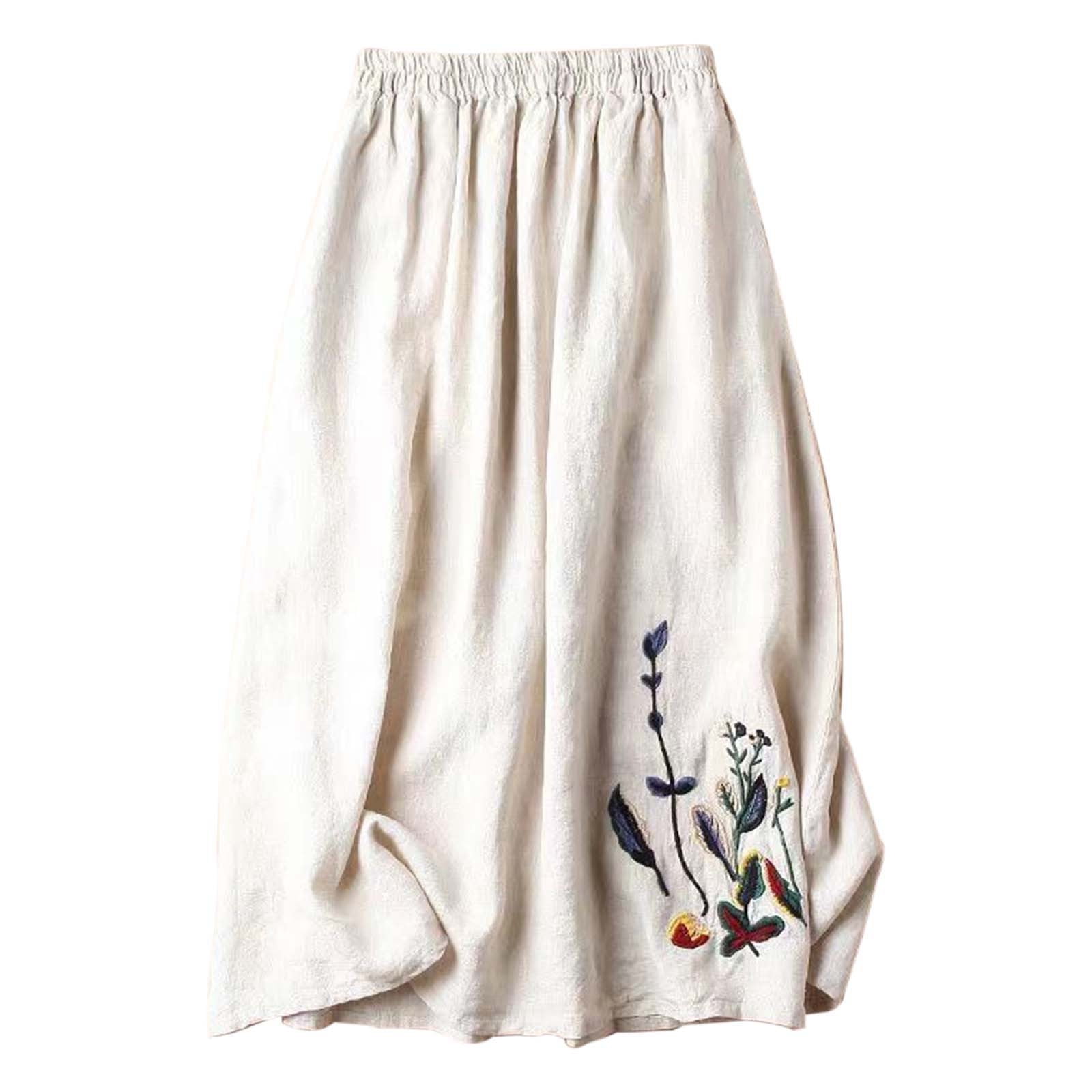 SXcggal Vintage Floral Embroidered Cotton Linen Skirt For Women Summer ...