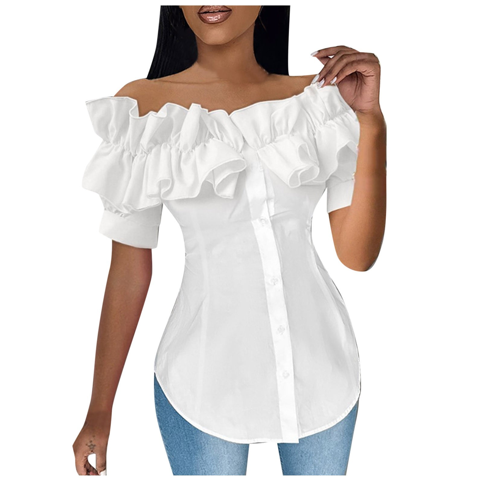 SXcggal Women Off Shoulder Layered Ruffles Button Down Asymmetrical Hem ...