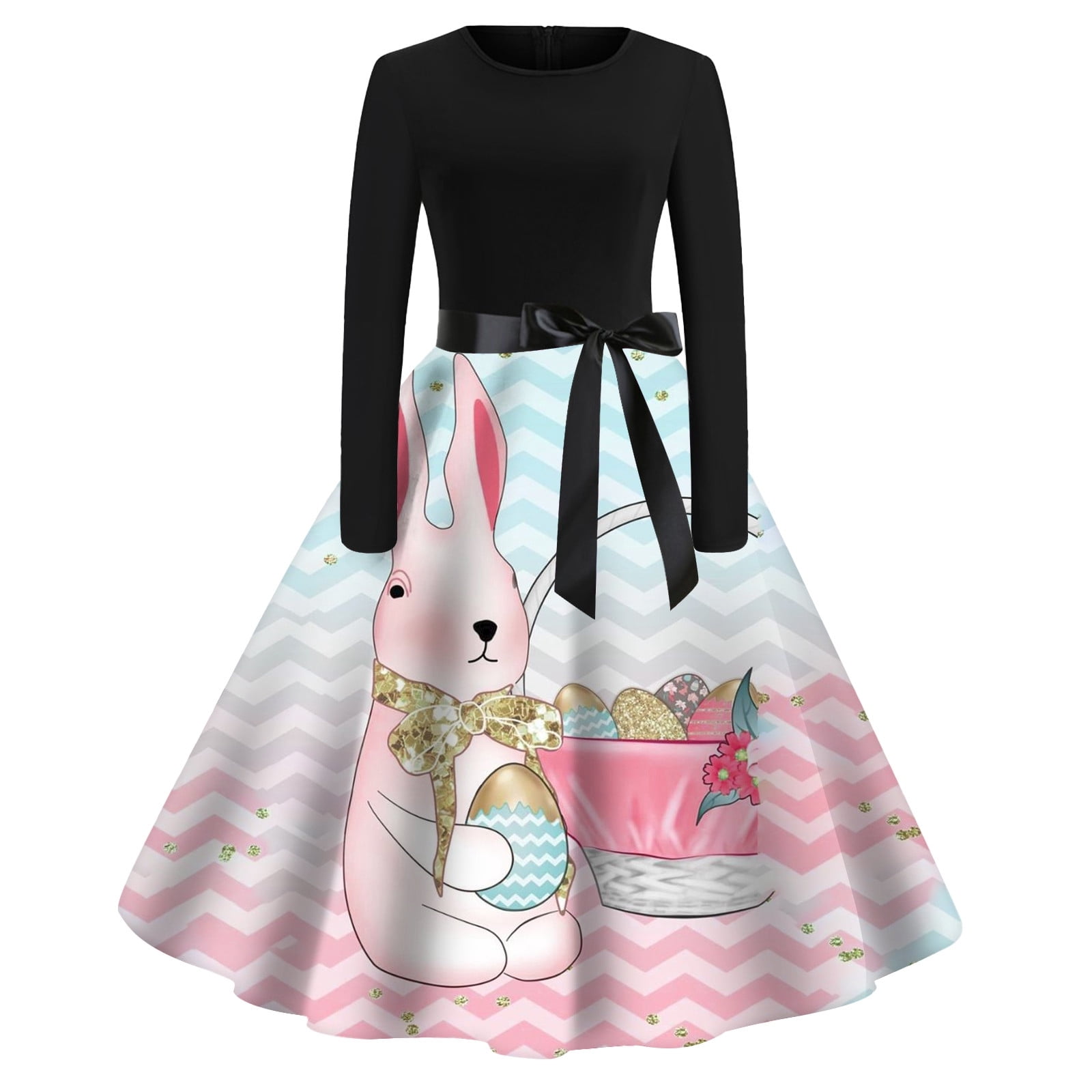 SXcggal Women's Easter Print Long Sleeve Belted Maxi Dress Casual Flowy ...