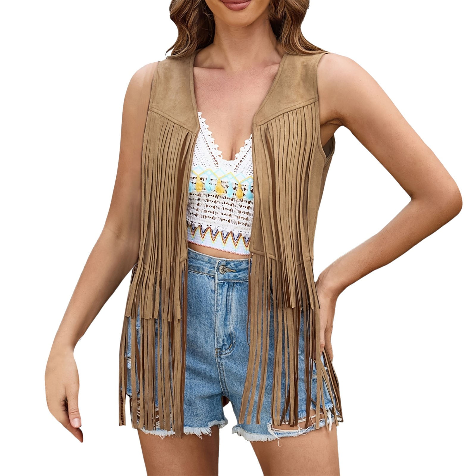SXcggal Womens Tassel Sleeveless Vest 70s Hippie Faux Suede Fringe Jacket Cardigan Basic ...