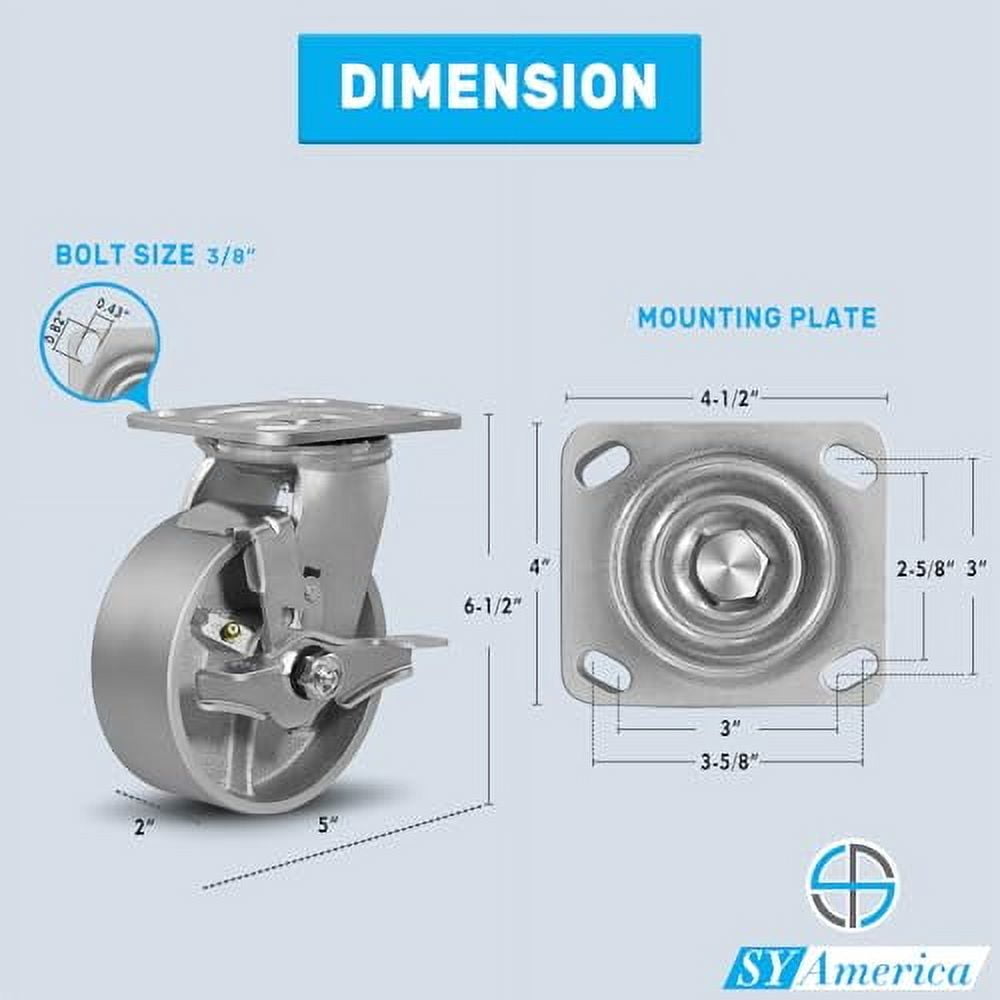 SY America 5" X 2" Cast Iron Caster Wheels,Set of 4 Heavy Duty ...