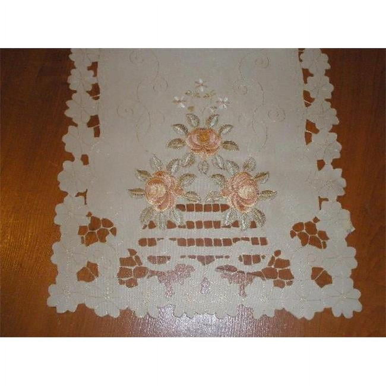 SY07007-1436 14 x 36 in. Embroidered Peach Rose And Lacy Cutwork Table ...