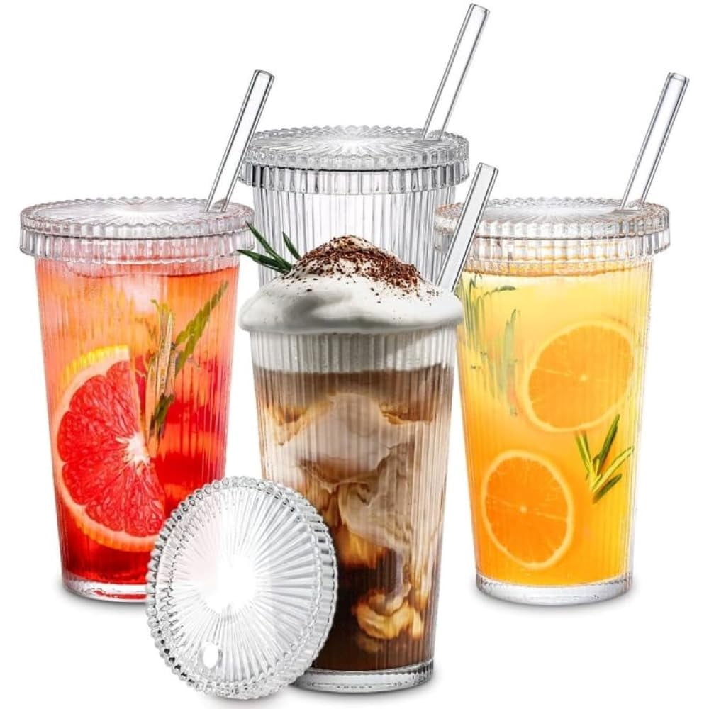 SYANKA Glass Sipper Pack of 4 375ml Premium Stripe Ribbed Glass with ...