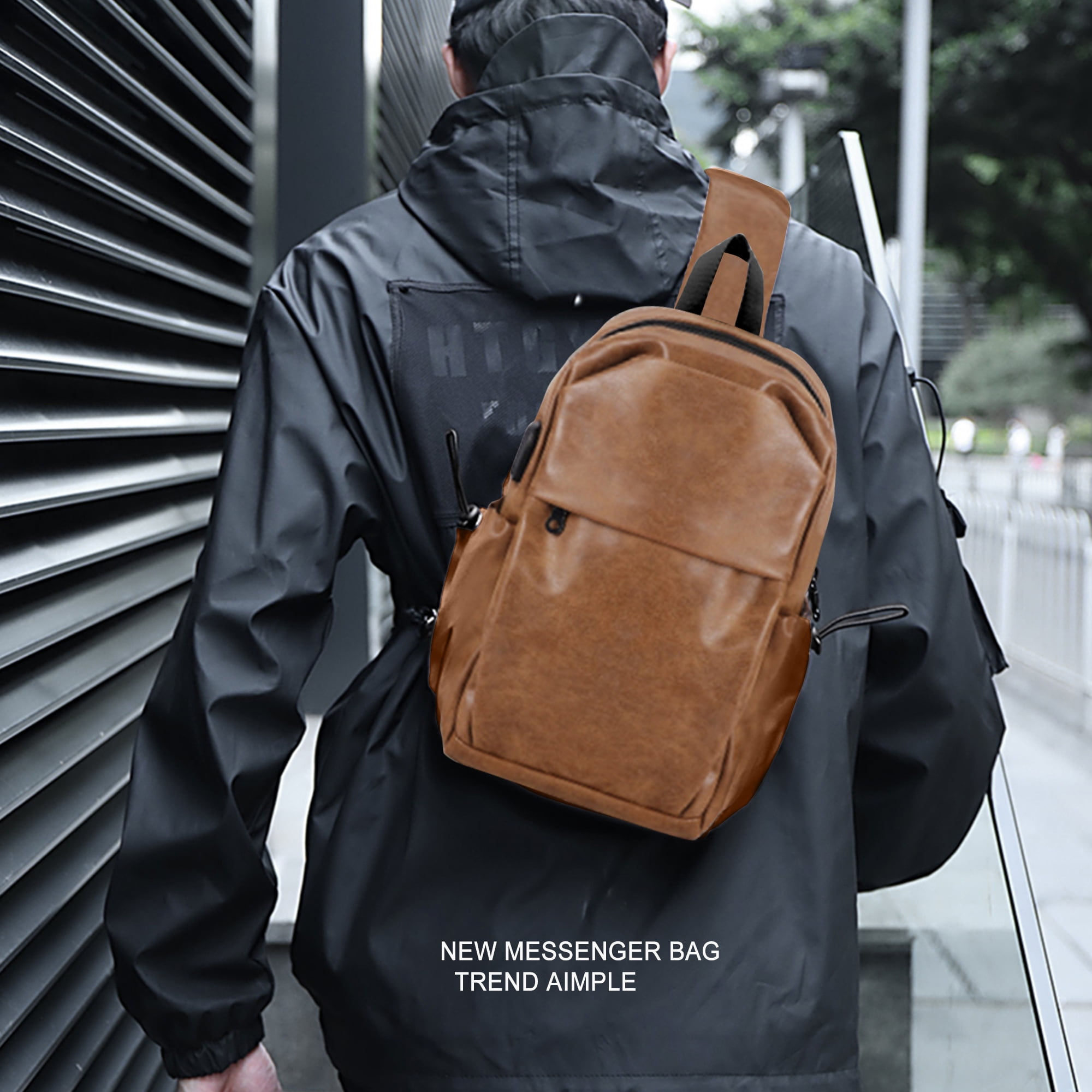 SYCNB Brown Leather Small Sling Crossbody Backpack Shoulder Bag for Men ...