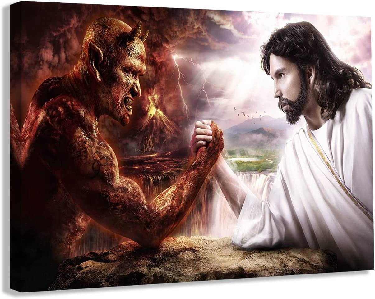 SYDposter Jesus Christ Canvas Wall Art Jesus Arm Wresties Satan Modern ...