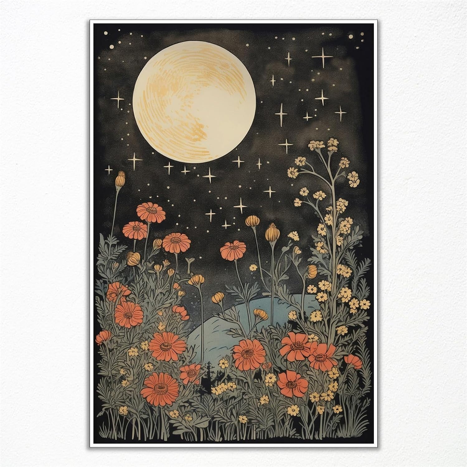 SYDposter Vintage Moon Flowers Canvas Wall Art, Retro Mystical ...